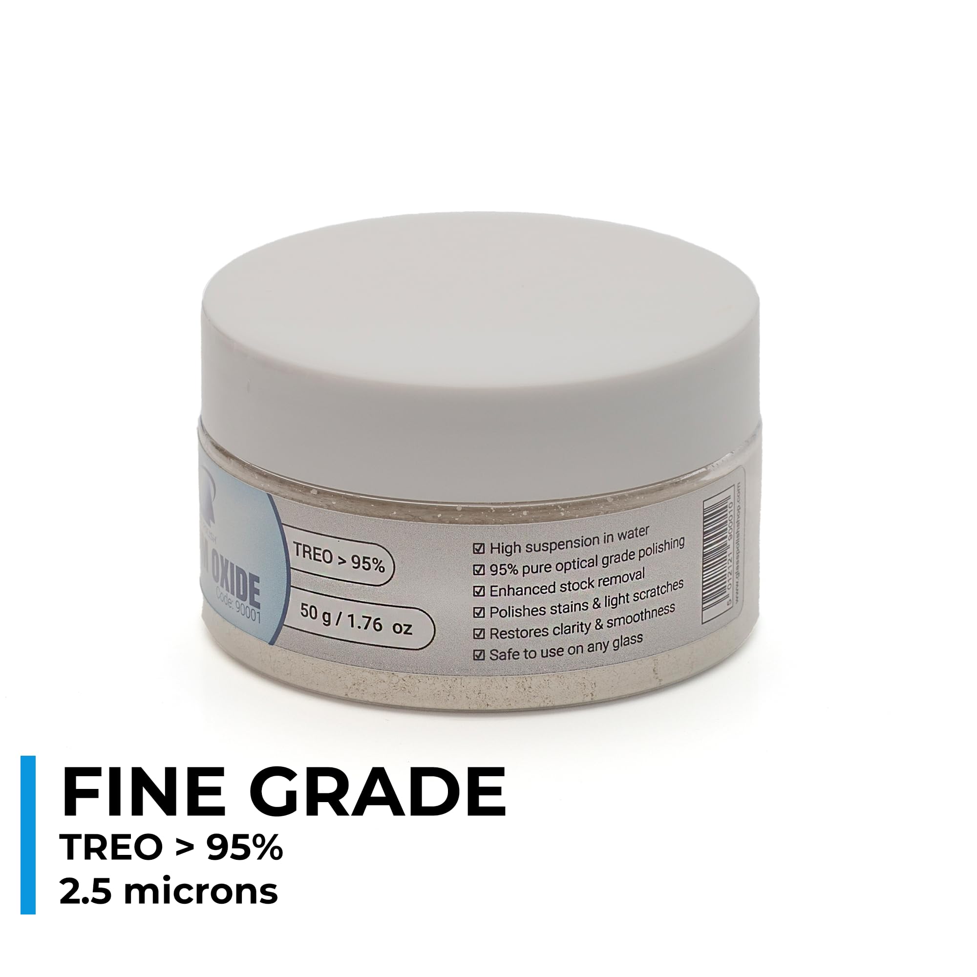 Glass Polish 90001 Cerium Oxide Fine Grade Glass Polishing Powder - TREO 95% - 2.5 microns β 1.76 Oz - White