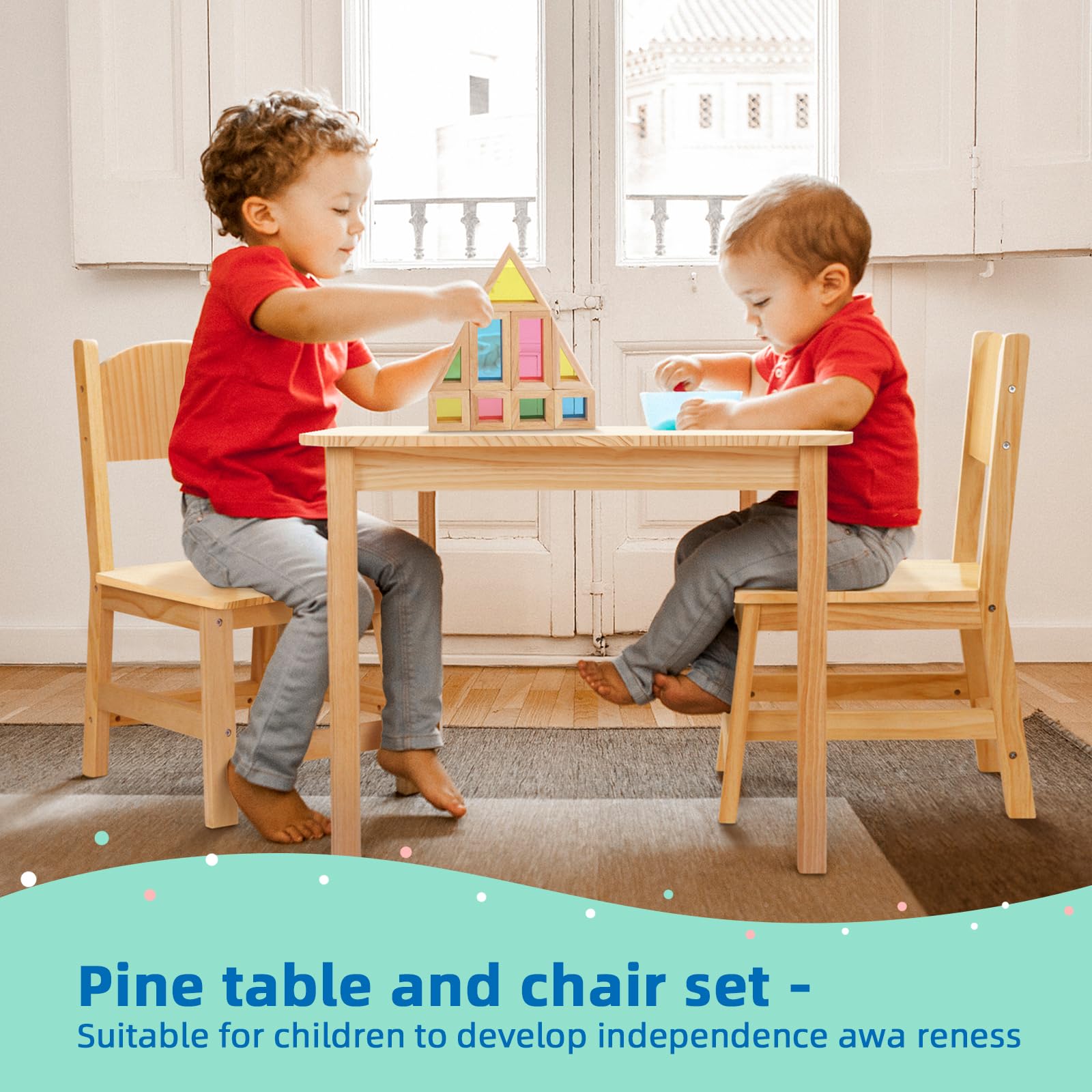 OOOK Solid Wooden Kids Table and Chair Set, Stable and Sturdy, Toddler Table and 2 Chairs Set for Arts, Crafts, Reading, Preschool, Kindergarten, Playroom