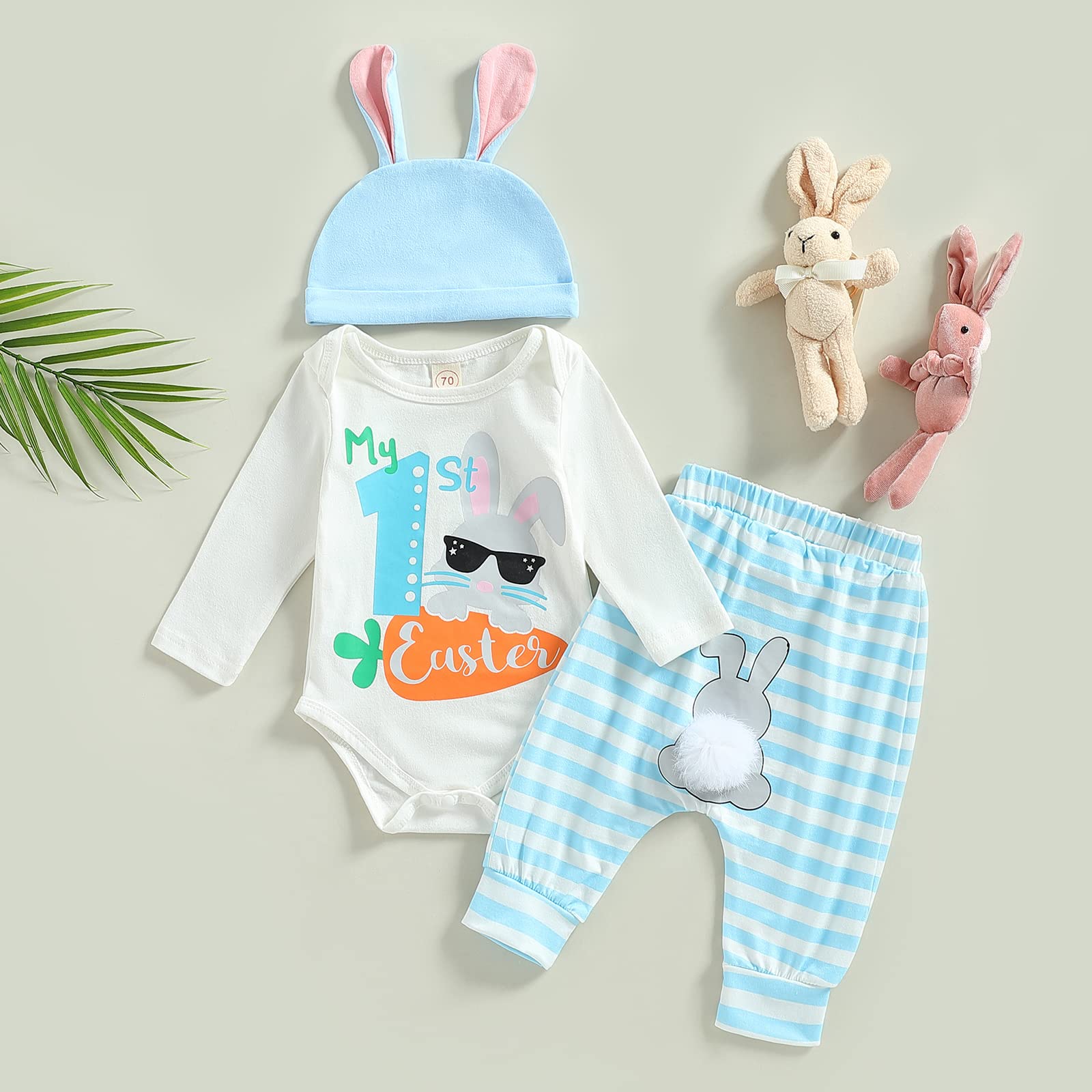 GOOCHEER First Easter Outfit Baby Girl Boy Long Sleeve My 1st Easter Bodysuit Romper Pants Bunny Ears Hat 3PCS Clothes Set (Striped Blue, 3-6 Months)