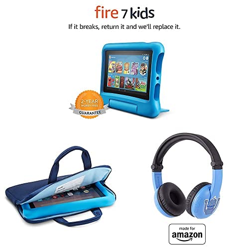 Fire 7 Kids Tablet, 7" Display (16 GB, Blue) + Zipper Sleeve (Blue) + Blue PlayTime Bluetooth Headset