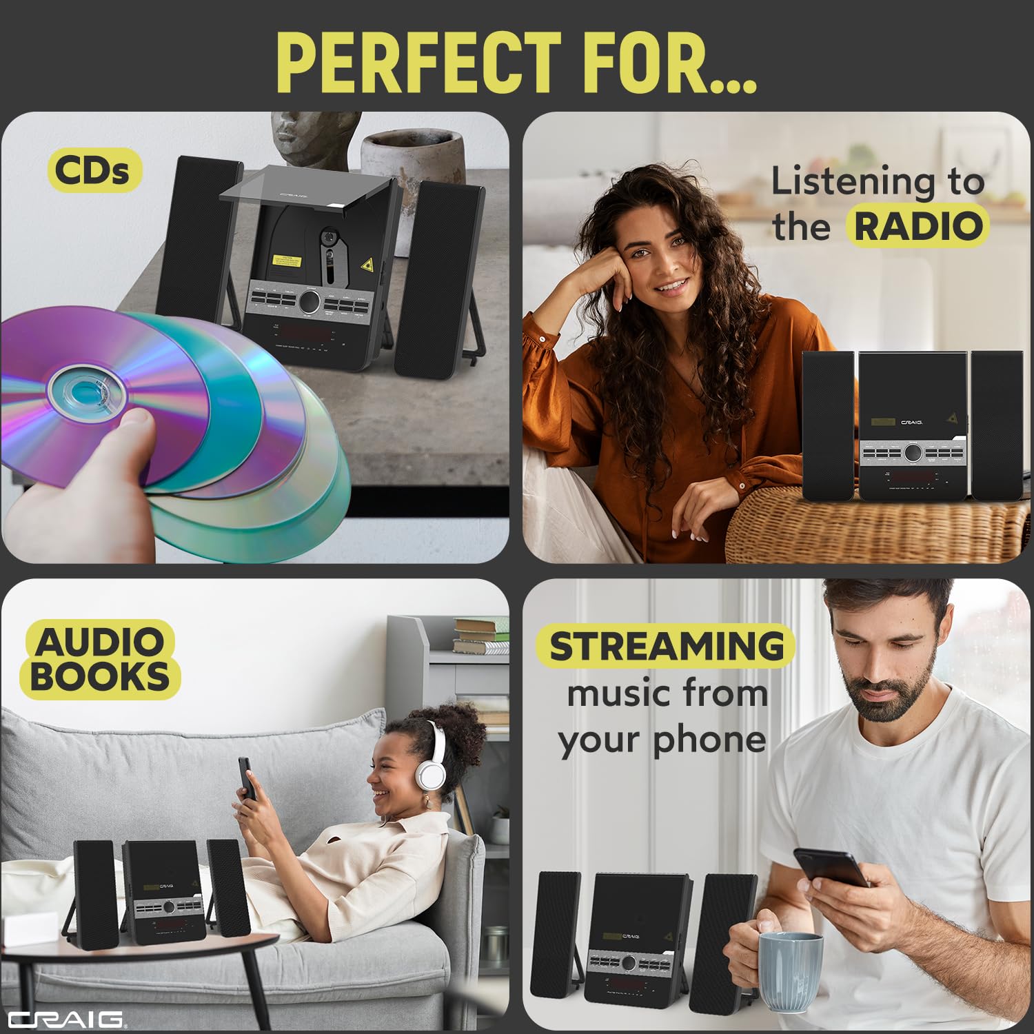 Craig 3-Piece CD Stereo Shelf System with Bluetooth, AM/FM Radio, Remote - Black