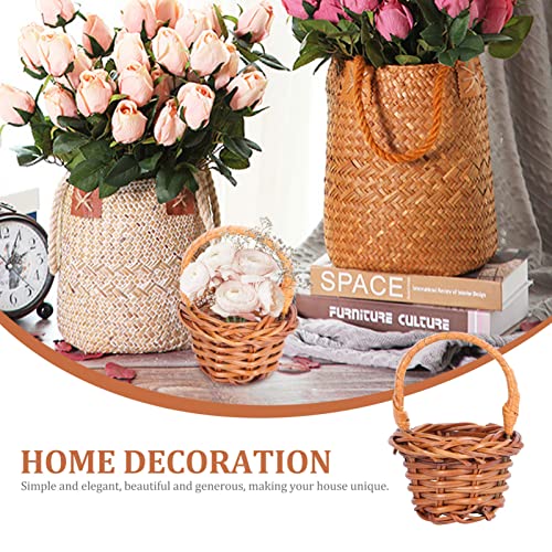 Happyyami 20 Pcs Small Flower Girl Woodchip Country Basket Tiny Wicker Basket With Handle Mini Woven Wooden Basket Desktop Miniature Wicker Basket (30PCS)