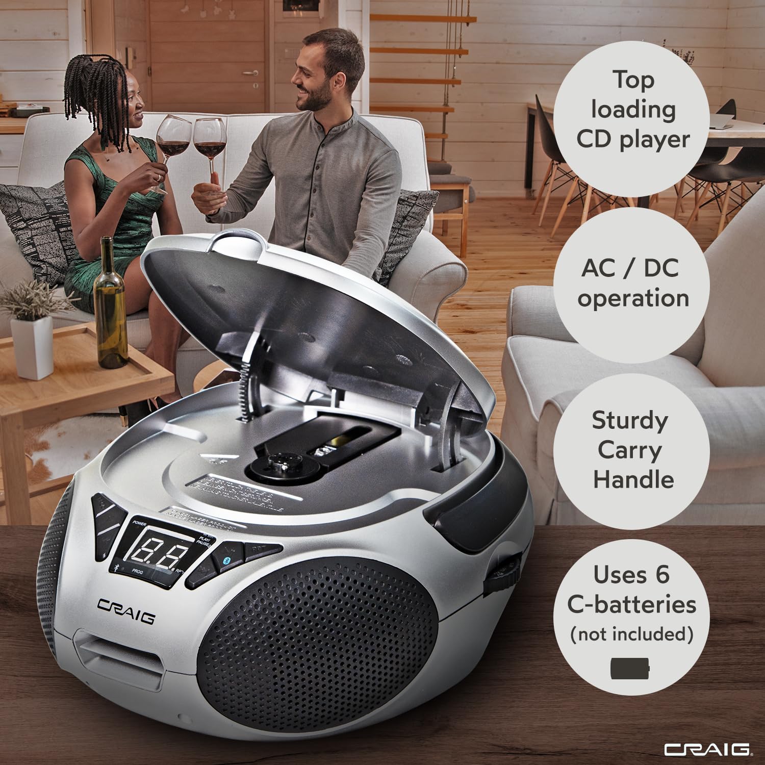 Craig CD6925 Portable Top-Loading Stereo CD Boombox with AM/FM Stereo Radio Bluetooth Wireless and AUX Port (Silver, Bluetooth)