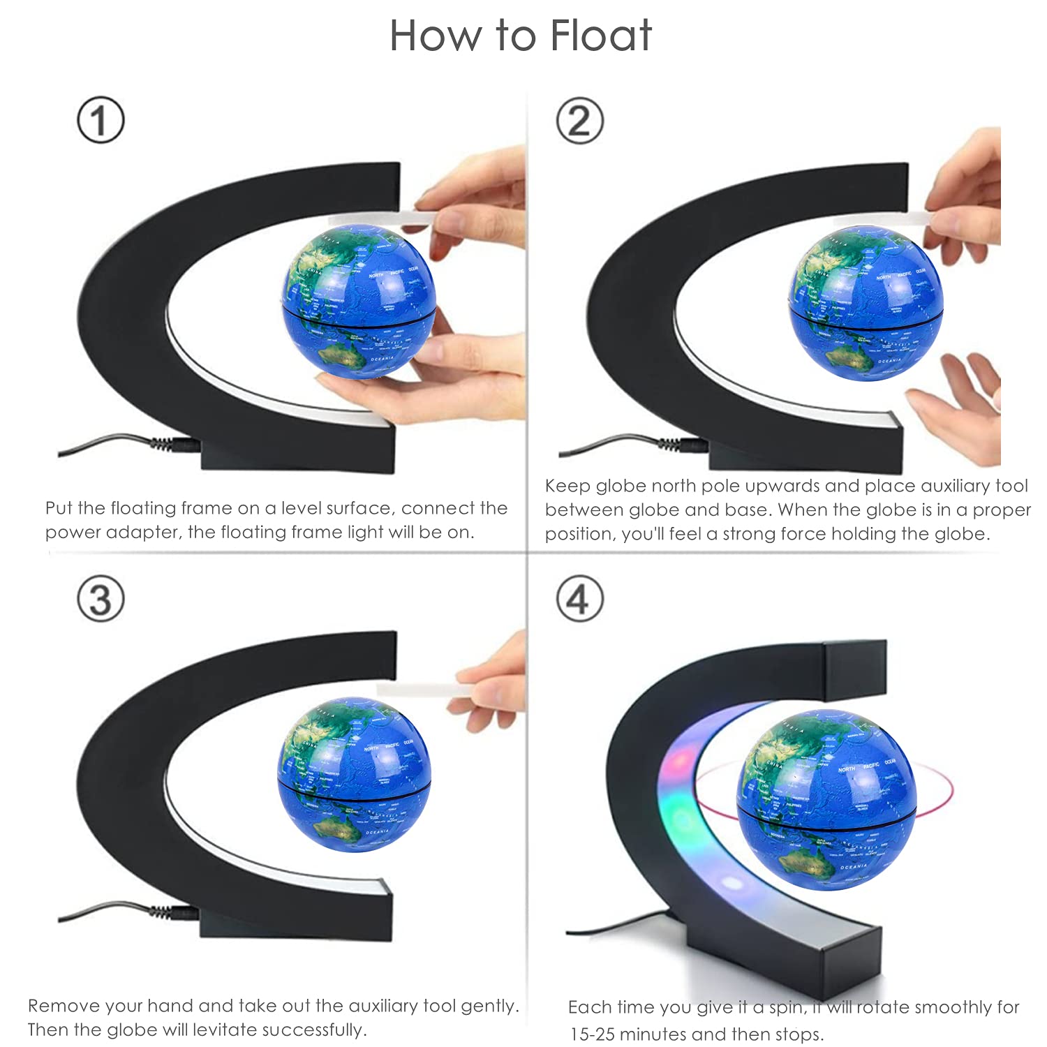 Fuyooh Magnetic Levitating Globe with LED Light, 4'' Rotating Earth Globe Ball with World Map, Creative Tech Gift for Boyfriend Father Kids (Blue)