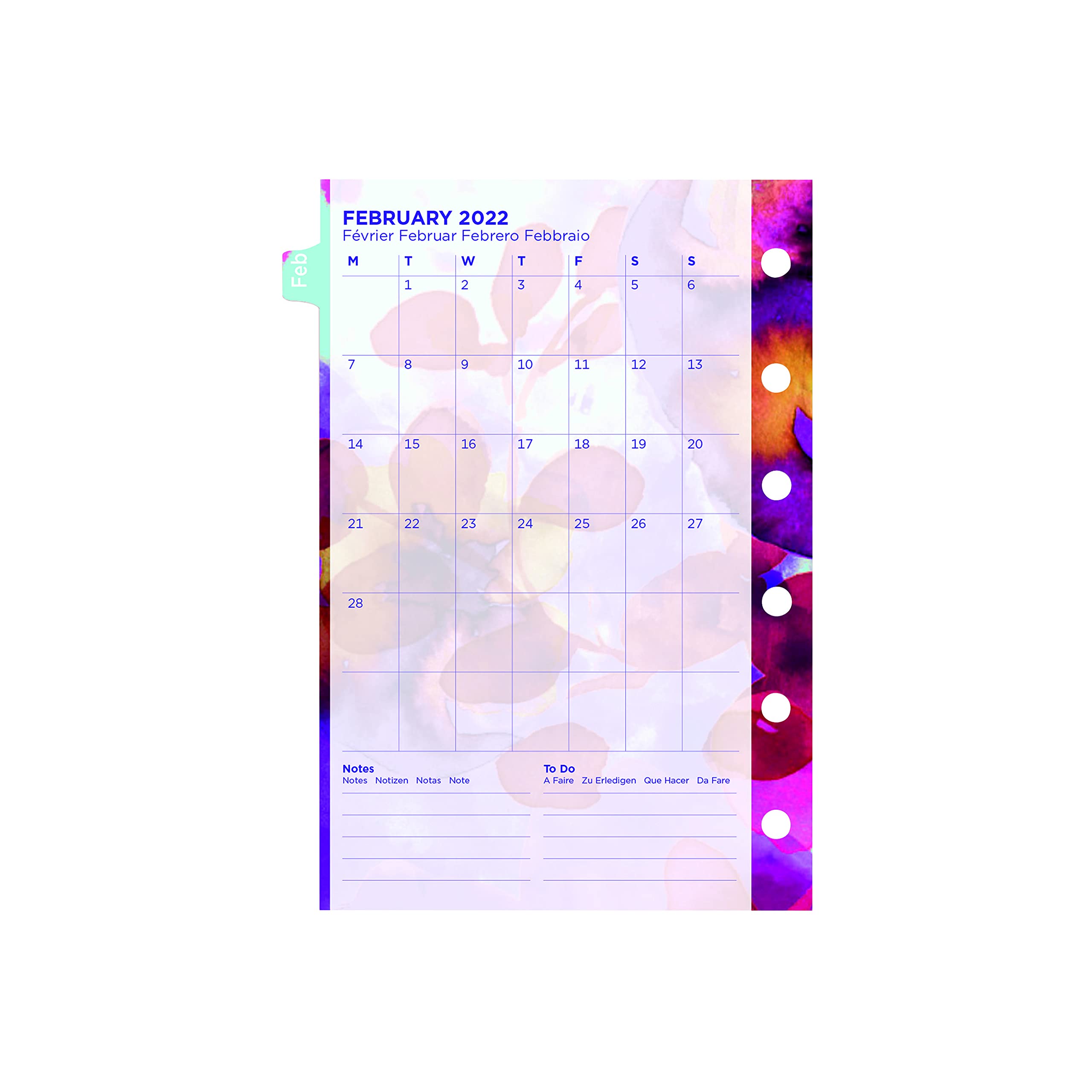 Filofax Refill, Pocket Size, Week-to-View, Illustrated Floral Diary Pack with Four-Color Print Design, Multilingual: Five Languages, 2022 (C6321-22)