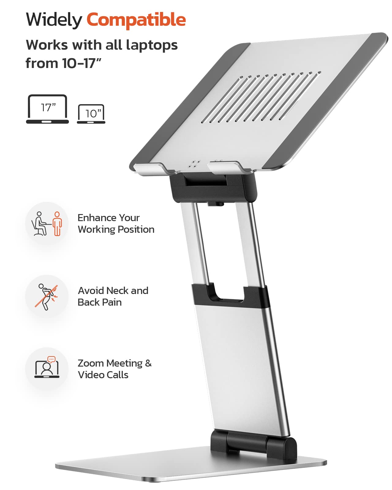 Ergonomic Laptop Stand for Desk, Sit to Stand Laptop Riser, Adjustable Height up to 21", Standing Computer Stand, Promote Healthy Posture Compatible with MacBook Air Pro, All Laptops 10-17"-Silver