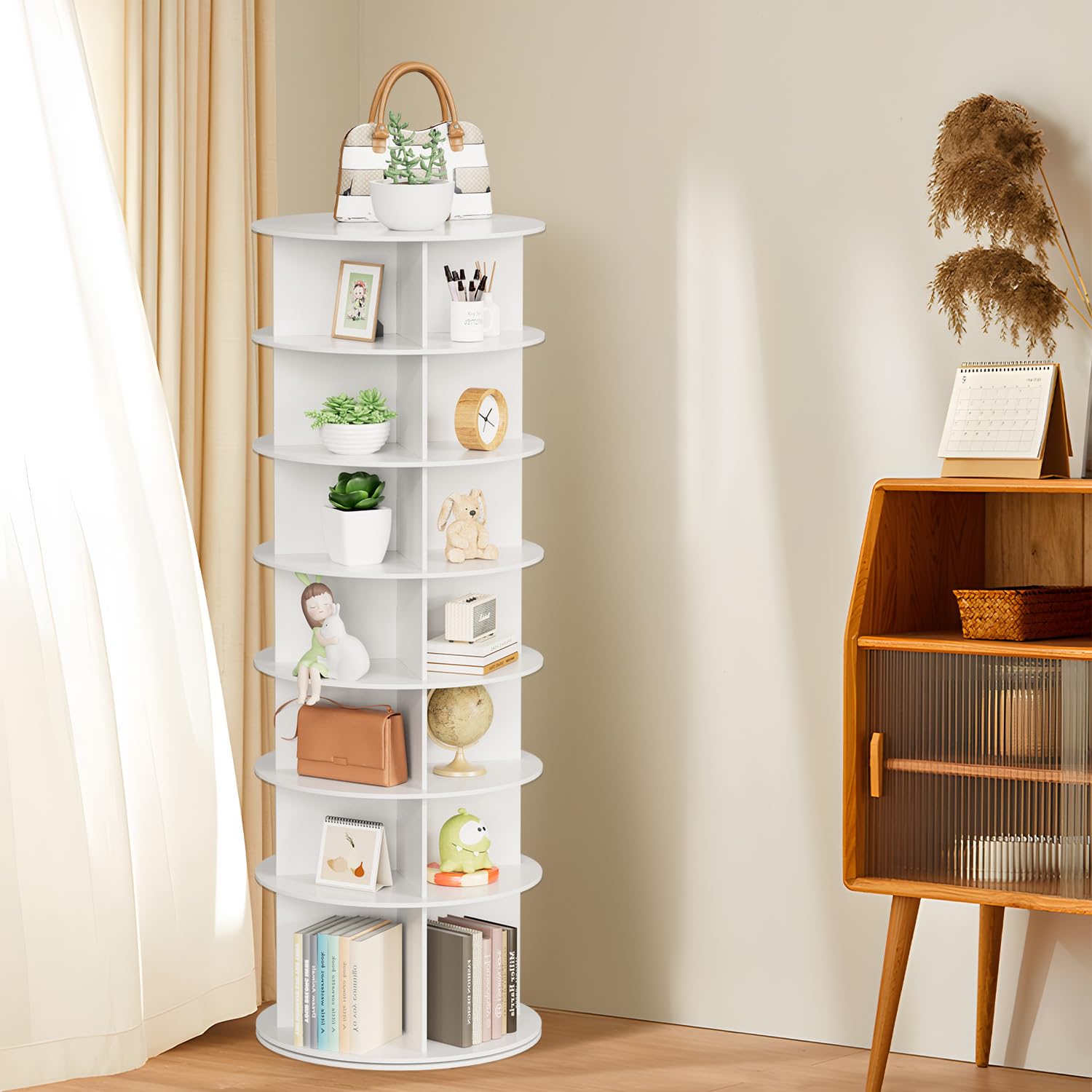 GOOFCXO 7 Tier Rotating Shoe Rack Tower, 360° Revolving Free Standing Shoe Organizer High Bottom Design Shoe Tower Spinning Storage Lazy Susan Multifunctional Rotate Shoes Closet Organization (White)