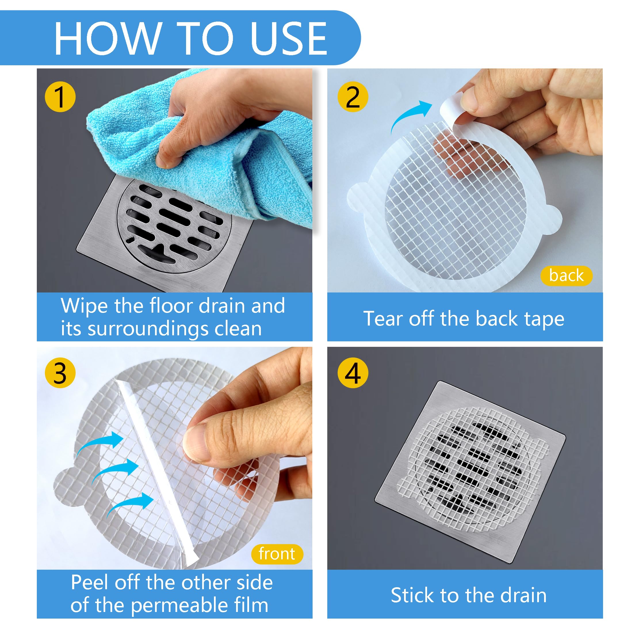 Melfluo 50 Pcs Disposable Shower Drain Cover Hair Catcher,Floor Drain Sticker,Drain Cover Sticker,Bathroom,Kitchen,Bathtub,Laundry,Shower Drain Stickers for Hair