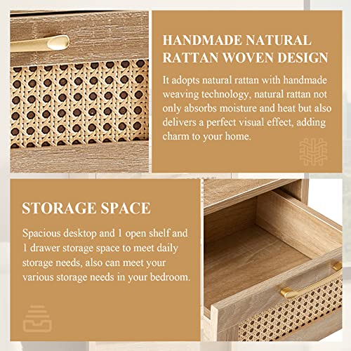 LETESA Rattan Nightstands Set of 2, with Rattan Decor Drawer and Open Shelf, Bed Side Tables with Solid Wood Feet, End Table, Night Stands, for Bedroom, Living Room (2, Natural-Square)