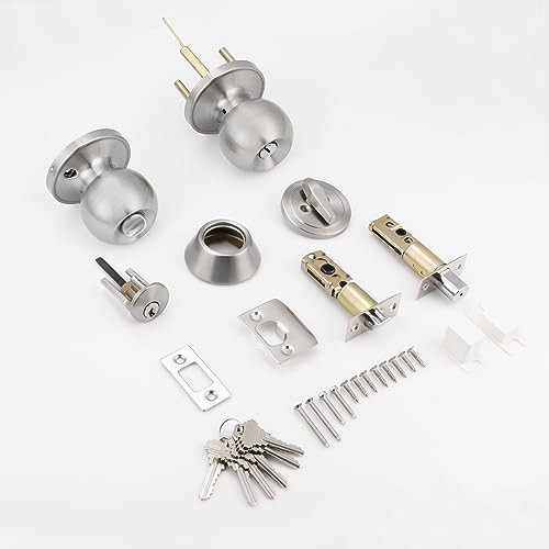 Knobonly 8 Pack Round Ball Front Door Knob and Single Cylinder Deadbolt Combo Sets, Satin Nickel Door Knob Set, Keyed Alike