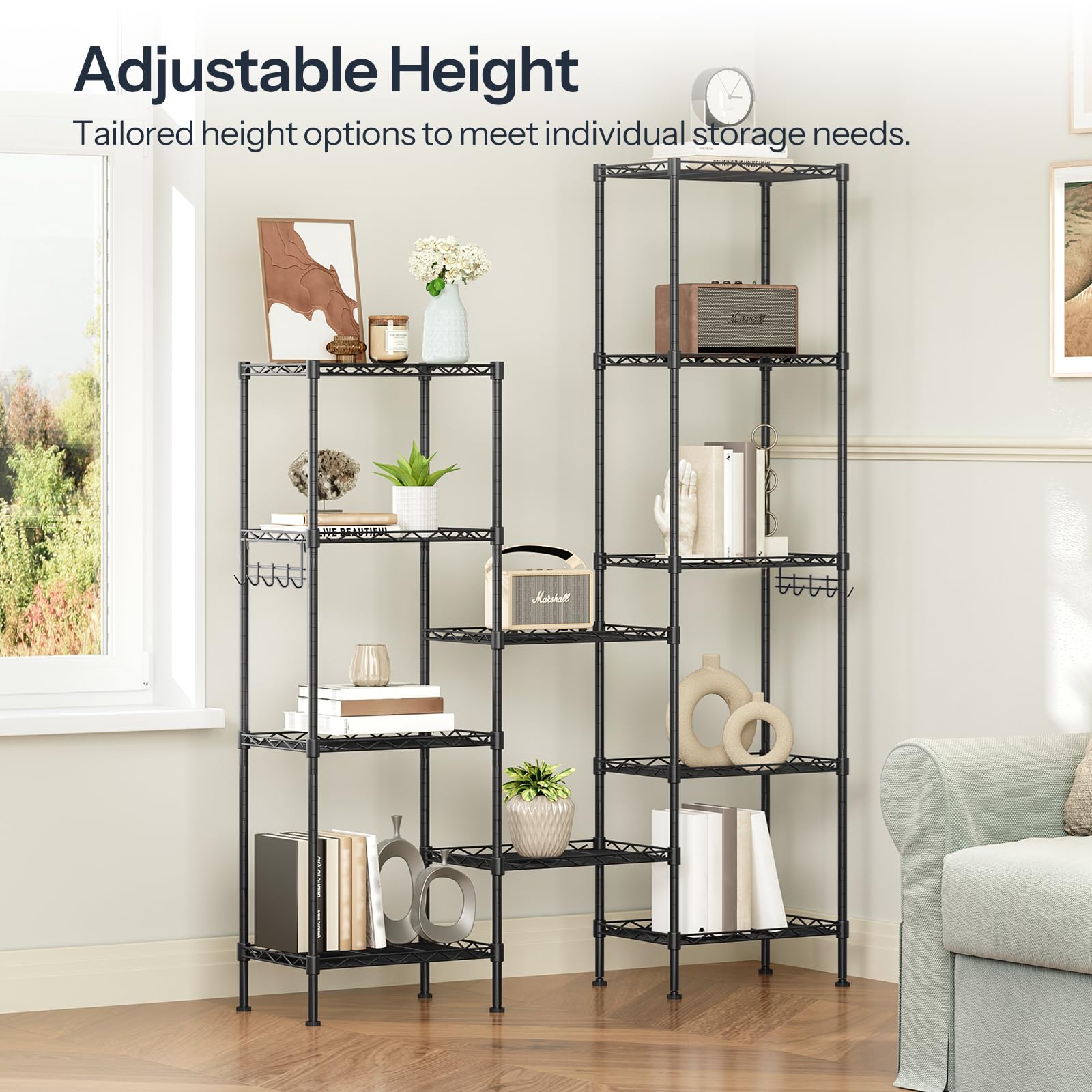 HOOBRO 5-Tier Storage Rack, Wire Shelving Unit with Adjustable Shelves, Standing Metal Shelf with Removable Drawer and 5 Hooks for Bathroom, Living Room, Bedroom, Kitchen, Black BK25CJ01