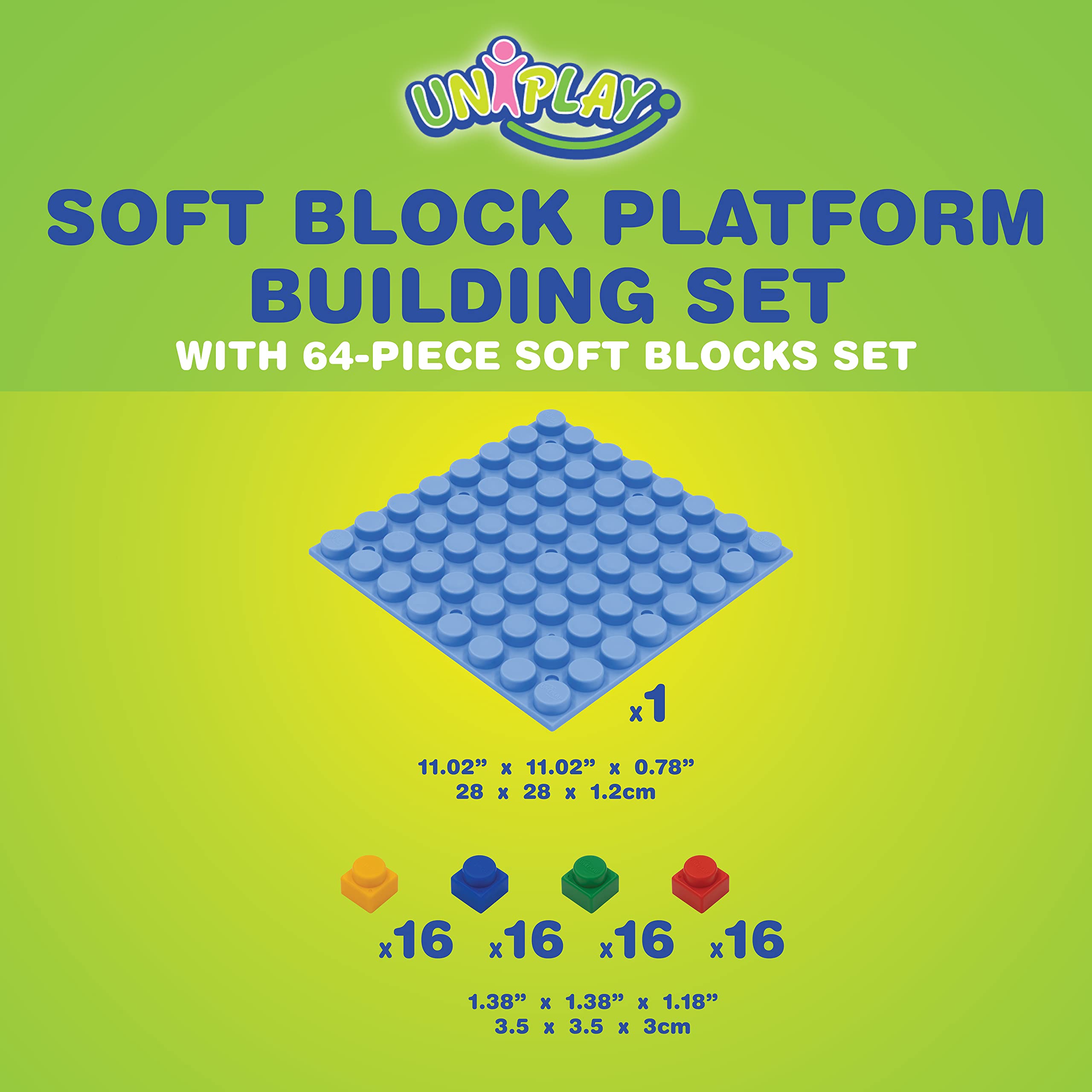 UNiPLAY Platform Soft Building Blocks β Educational Sensory Stacking Blocks, Learning Toy with 11 x 11 Inch Base Plate for Ages 3 Months and Up (64-Piece Set)
