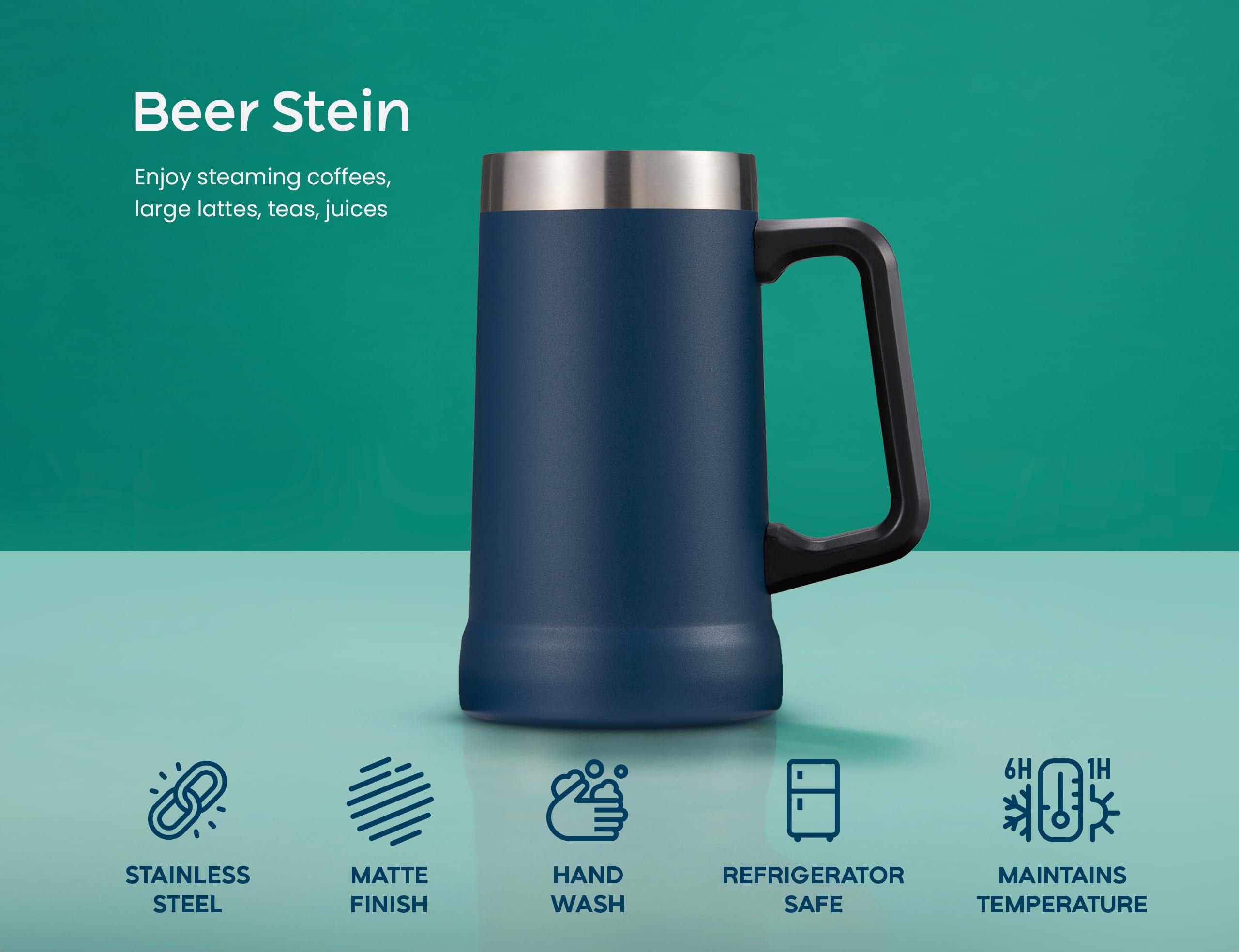 KooK Beer Stein, Stainless Steel Coffee Mug, Tumbler with Thermal Vacuum Insulation, Big Grip, Adventure, Double Walled Drinking Cup, Large Handle, Shatterproof, Navy Blue, 24 oz
