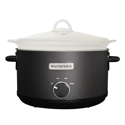 Magnifique 5 Quart Slow Cooker Round Manual Pot Food Warmer with 3 Cooking Settings, Stainless Steel Black and White Ceramic pot