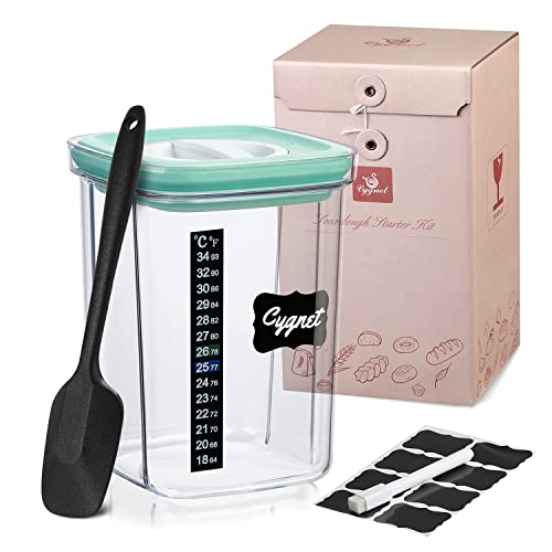 Cygnet Sourdough Starter Jar Kit, 45 Oz DIY Sourdough Starter Jar, Thermometer, Silicone Jar spatula, Chalkboard labels & Marker. - Reusable Sourdough Jar Kit, Plastic Airtight Food Storage Canister