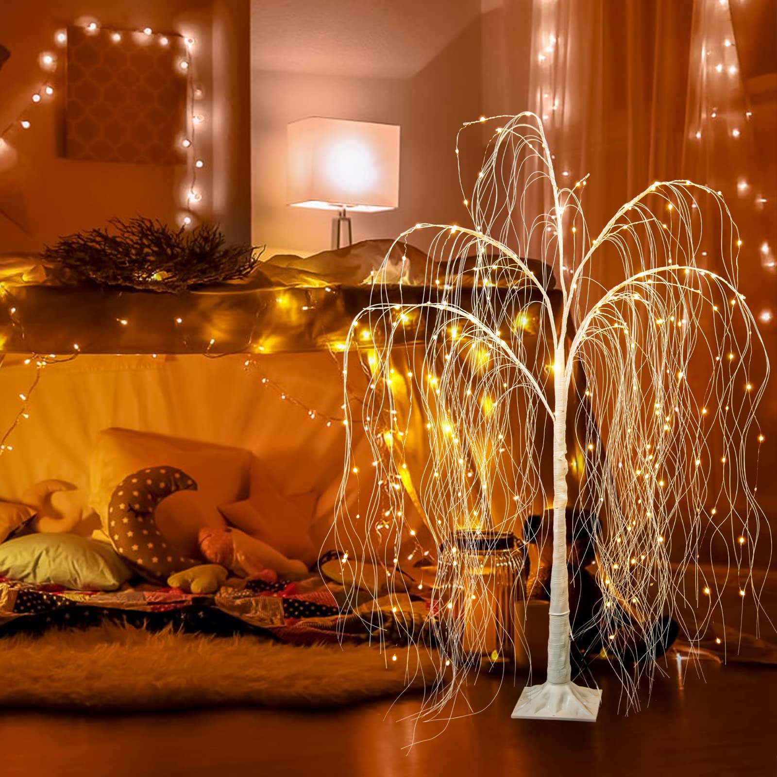 EAMBRITE 4FT Lighted Willow Tree, Weeping Willow Artificial Tree with 180 Twinkle Fairy Lights, White Christmas Tree for Home Office Holiday Party Indoor Outdoor Decoration
