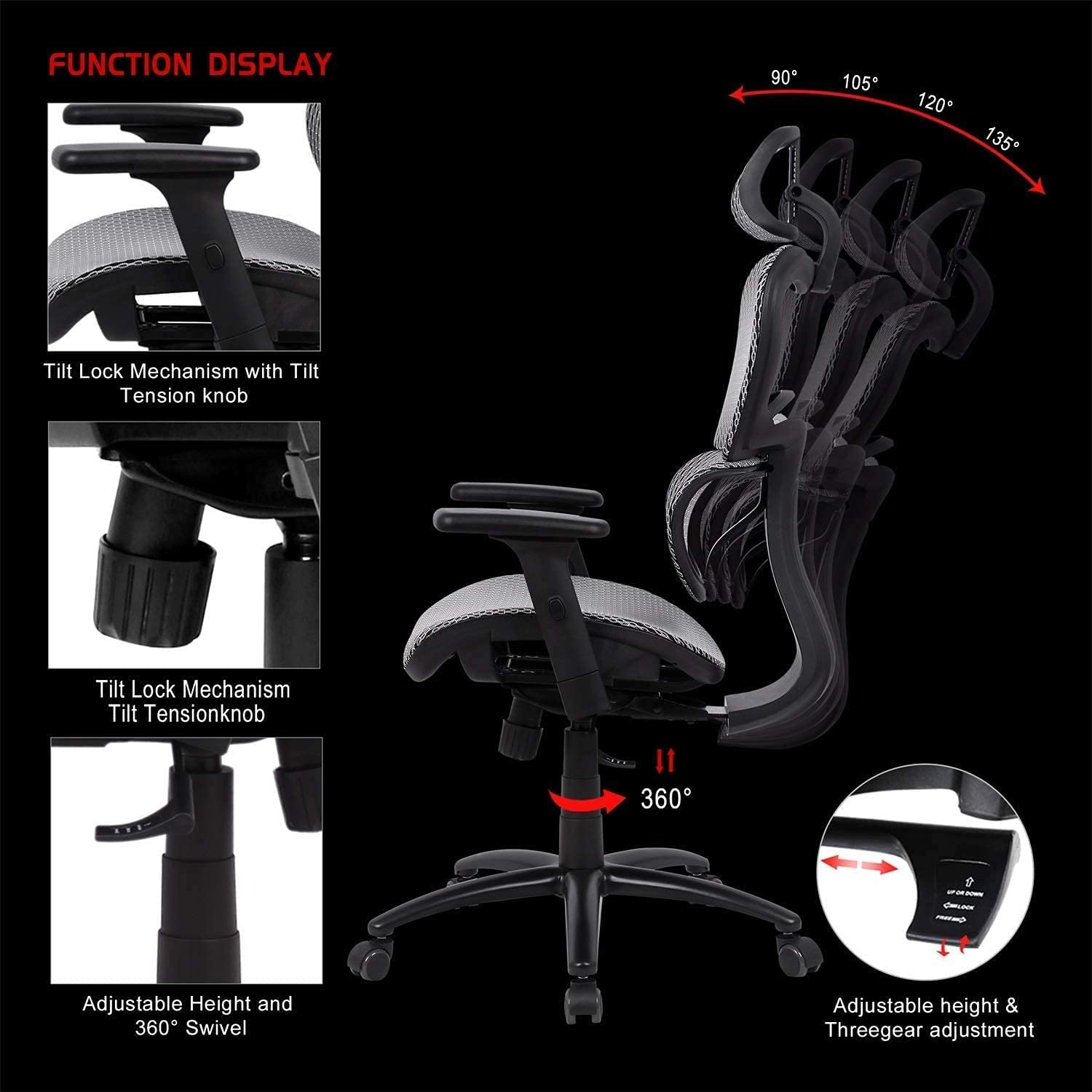 Ergonomic Office Chair High Back Adjustable Height Rolling Swivel Computer Task Chair Reclining Breathable High-Density Mesh Desk Chair with Flip-Up Armrest Rotate Headrest Back Support,Black(300lbs)