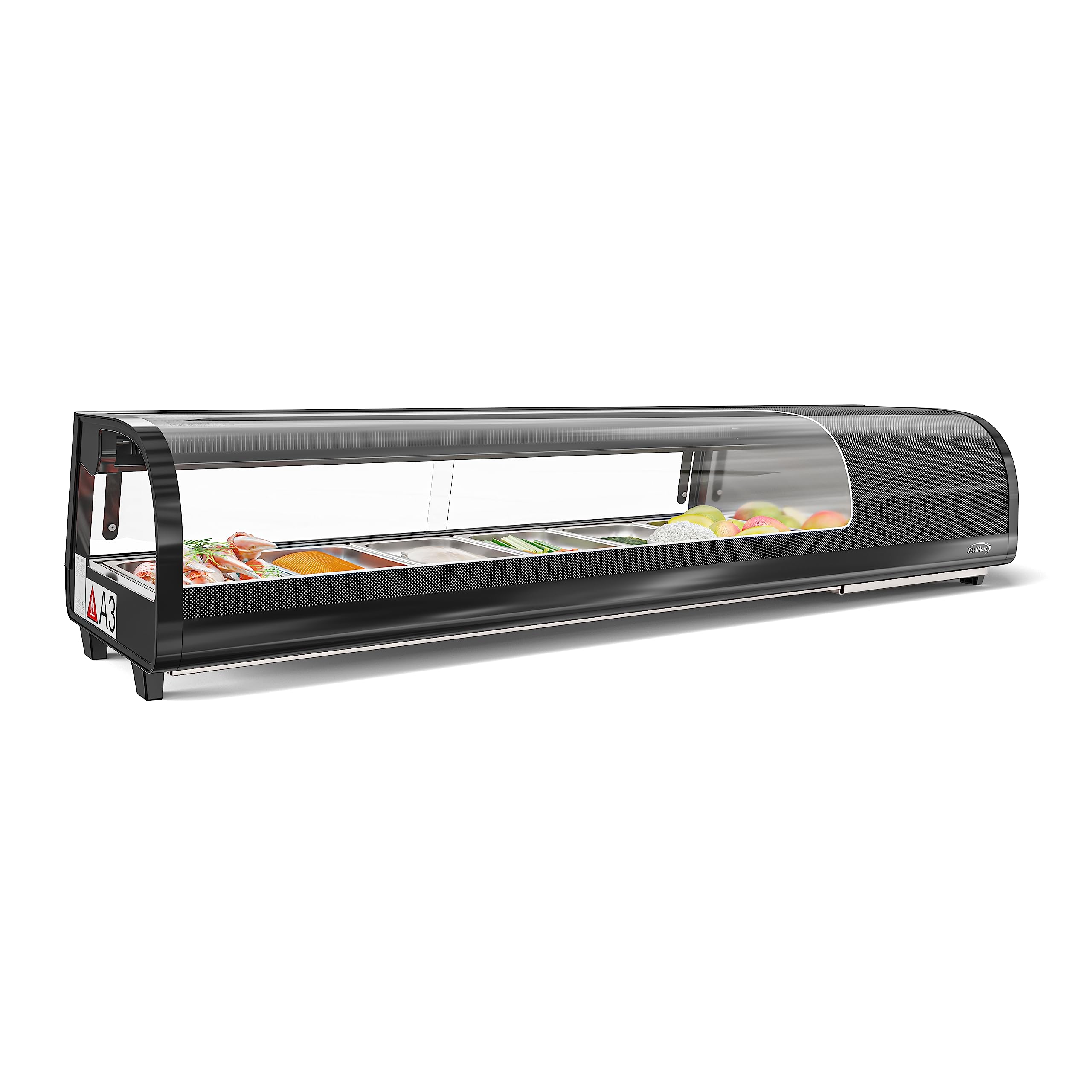 KoolMore 60 in. Glass Sushi Display Case Refrigerator ETL Listed with Stainless Steel Trays, Countertop Storage with Rear Access, Temperature Control, and LED Lighting in Black (KM-SR60-BK)
