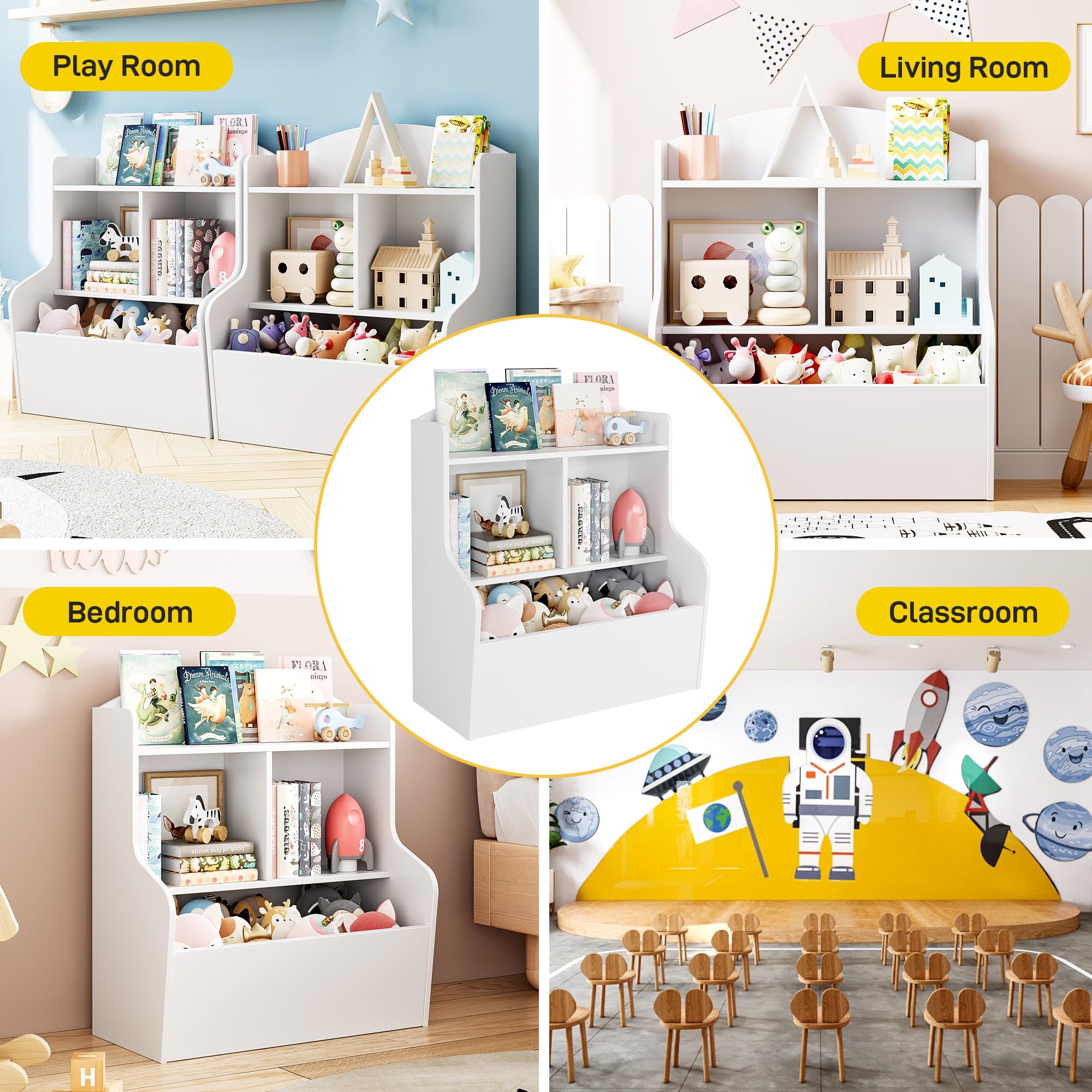 IDEALHOUSE 3-Tier Toy Storage Cabinet and Bookcase, Multi Shelf with Cubby Organizer Cabinet for Toys, for Playroom, Bedroom, Hallway and Kindergarten School, White