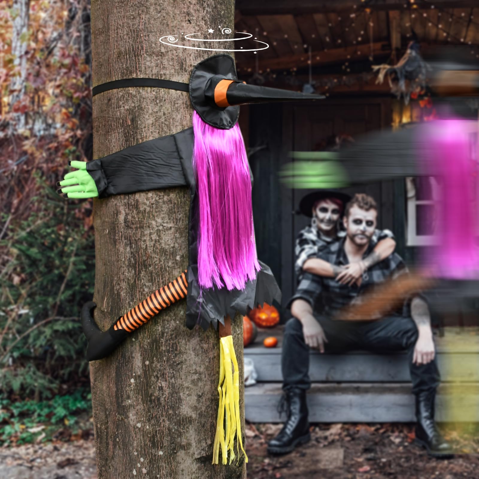 Crashing Witch into Tree for Halloween Decoration,Hanging Halloween Witch Props with Light String for Outdoor Tree Porch Garden Patio Halloween Decor Party Supplies (LED Crashing Witch)