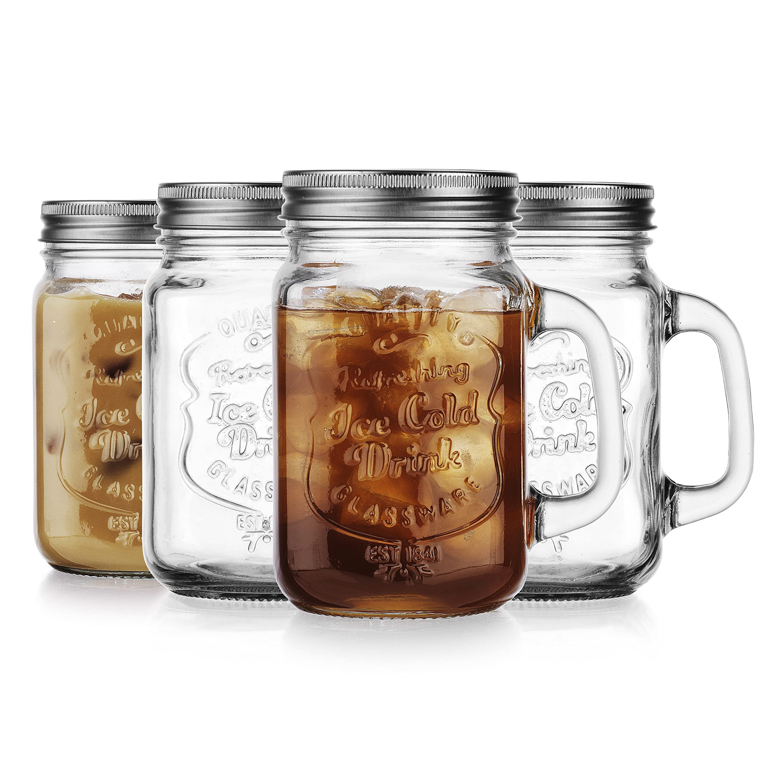 Glaver's Mason Drinking Jars β Set of 4, 16 Oz Clear Glass Jar with Handle and Lid. β Ice-Cold Drink Glassware Logo β Glass Mugs Ideal for Cold Beverages, Juice, Smoothie, Cocktails.