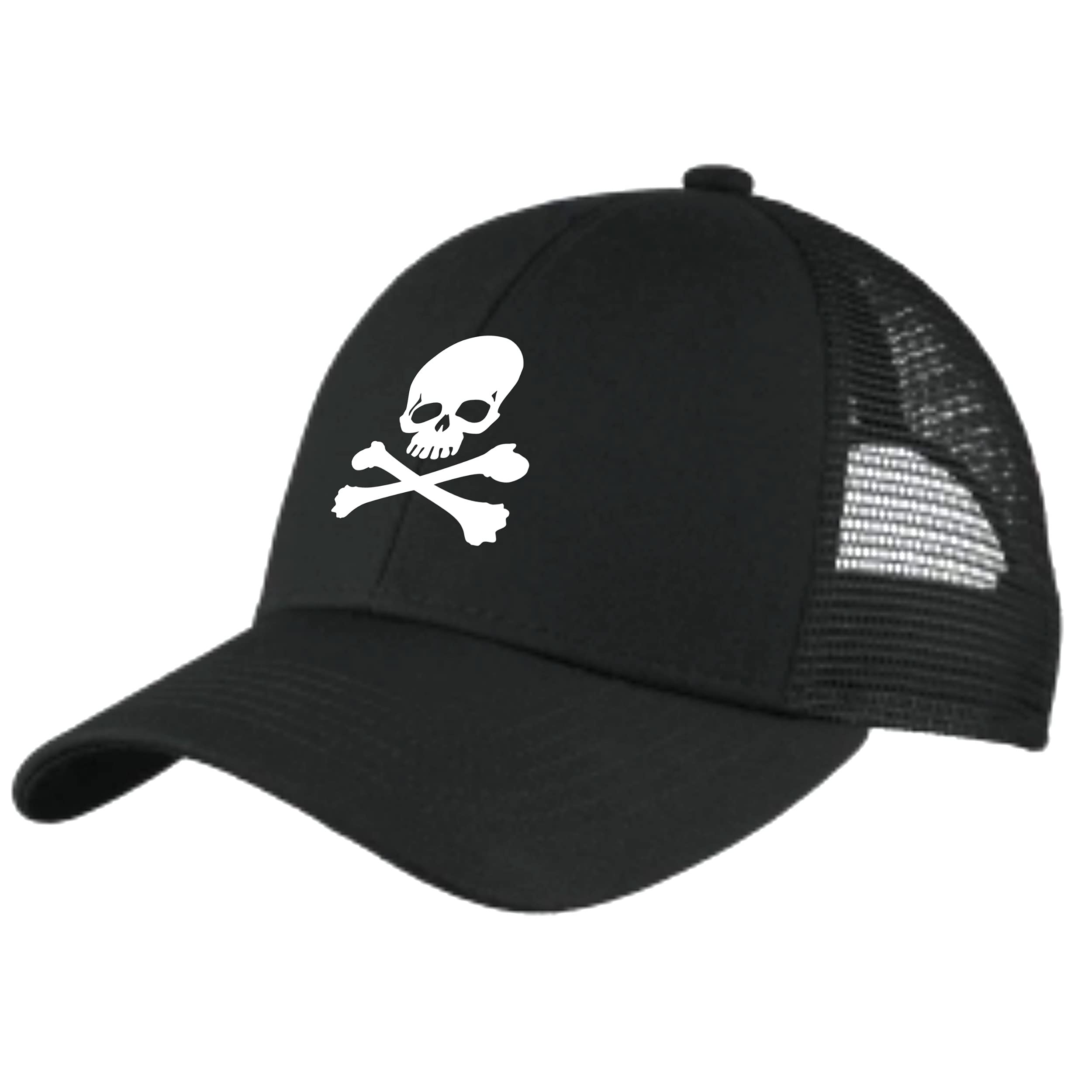 DaisyUp Skull and Crossbones Hat | Jolly Roger Flag | Pirate Hat | Black Trucker Pirate Hat One Size