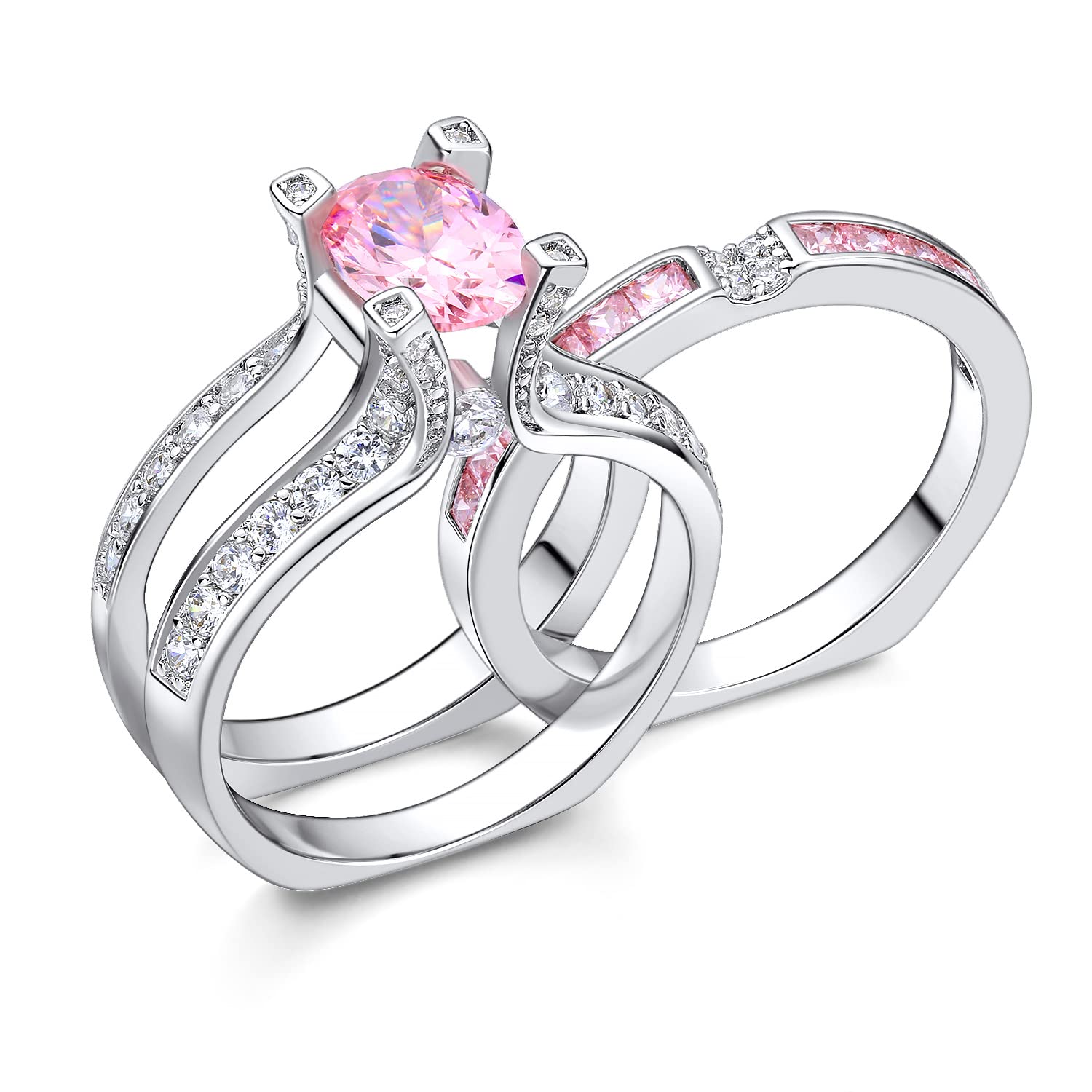 Engagement Promise Rings,18K White Gold Plated Three-in-One Oval Pink Cubic Zirconia Wedding Ring Set for Women bride (5)