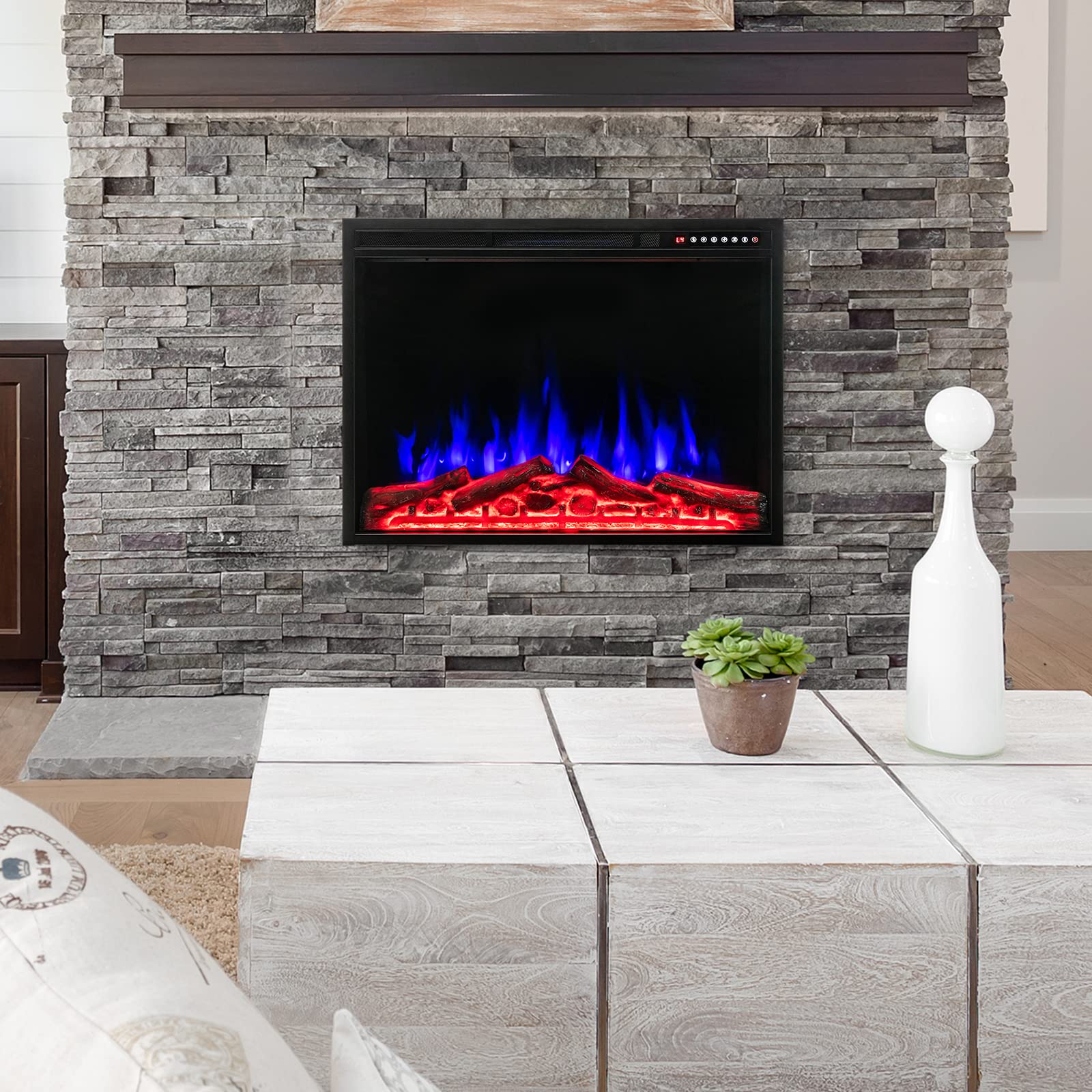 COSTWAY 37-Inch Electric Fireplace, Wall-Mounted and Recessed Fireplace Heater with 4 Flame and Log Colors, 5-Level Flame Speed and Brightness, Remote Control, 8H Timer, Overheat Protection, 1500W