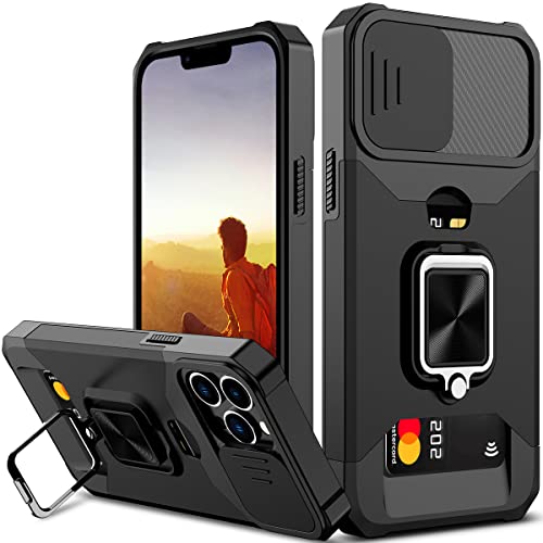 Nvollnoe for iPhone 13 Pro Max Case with Sliding Camera Cover and Card Holder Heavy Duty Protective iPhone 13 Pro Max Case with Ring Magnetic Kickstand Phone Case for iPhone 13 Pro Max(Black)