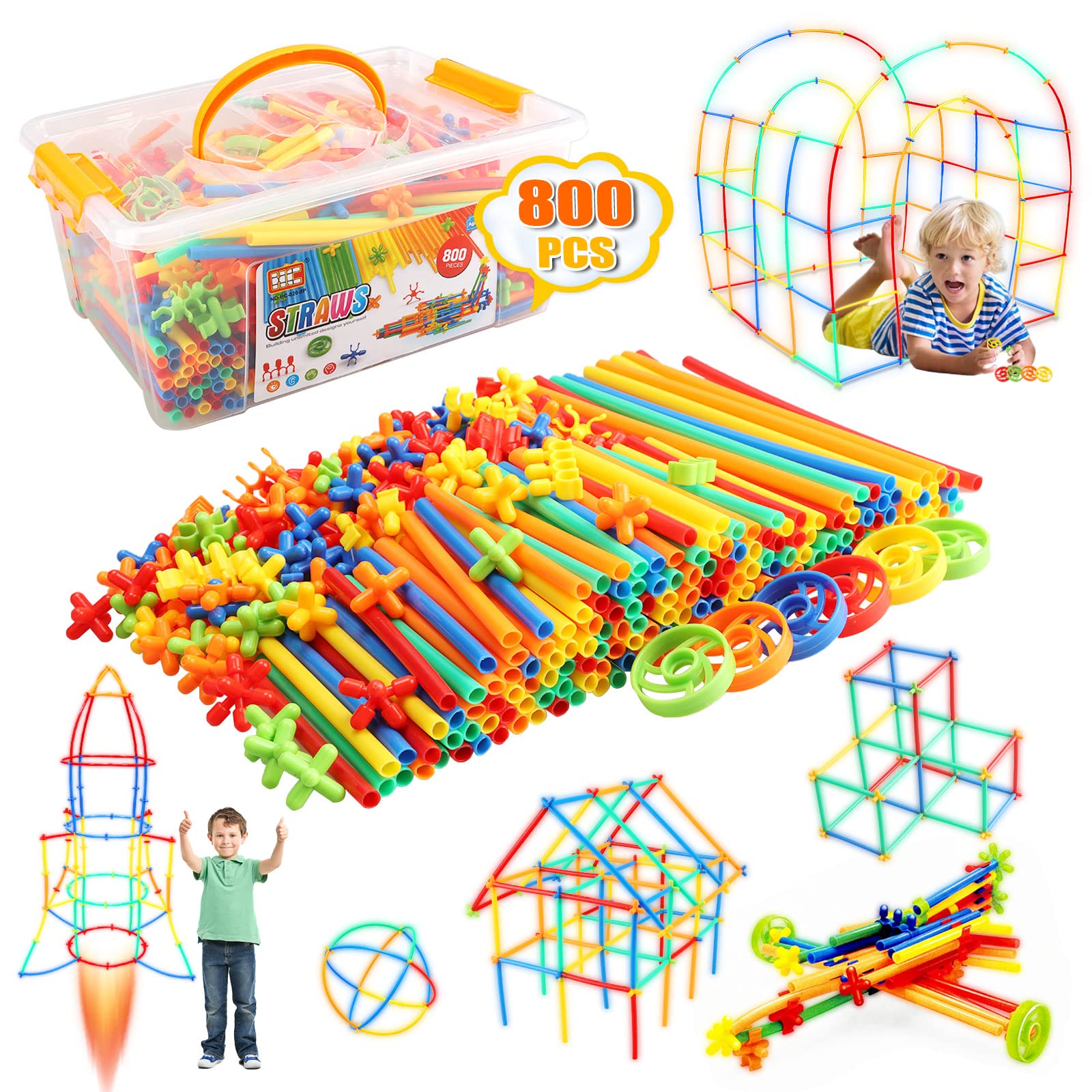 Glow Straw Connecting STEM Building Toys Set - 800 Pcs Colorful Glow in The Dark Straw Interlocking Plastic Toys, Creative Engineering Building Blocks, Gift for Kids 3 4 5 6 7 8 Year Old Boys & Girls