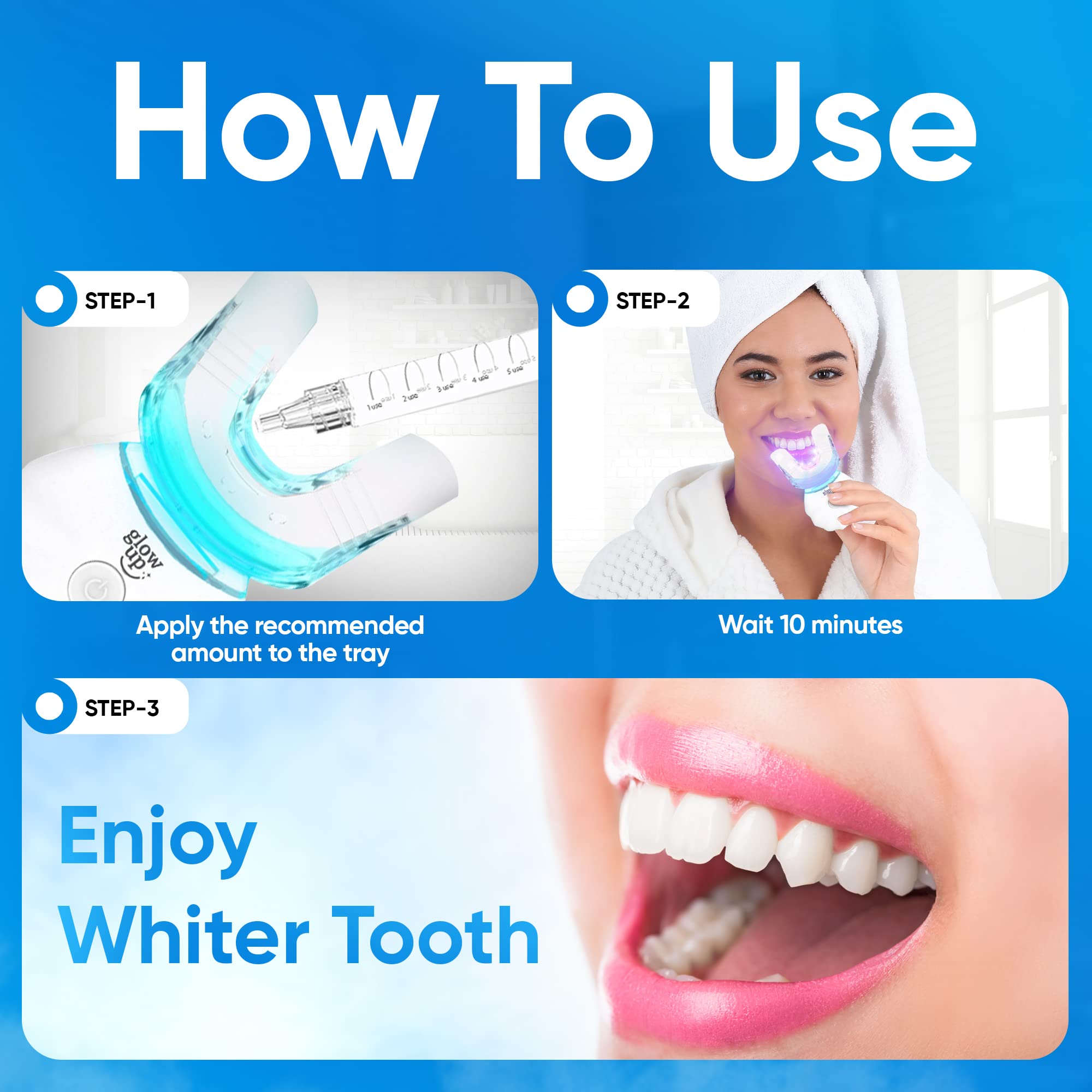 Glow Up Teeth Whitening Kit for Sensitive Teeth with Blue LED Light, 10-Minute Instant Tooth Whitener Set with 3 (5ml) Syringes of 35% Carbamide Peroxide Mint Flavored Gel & Tray Case