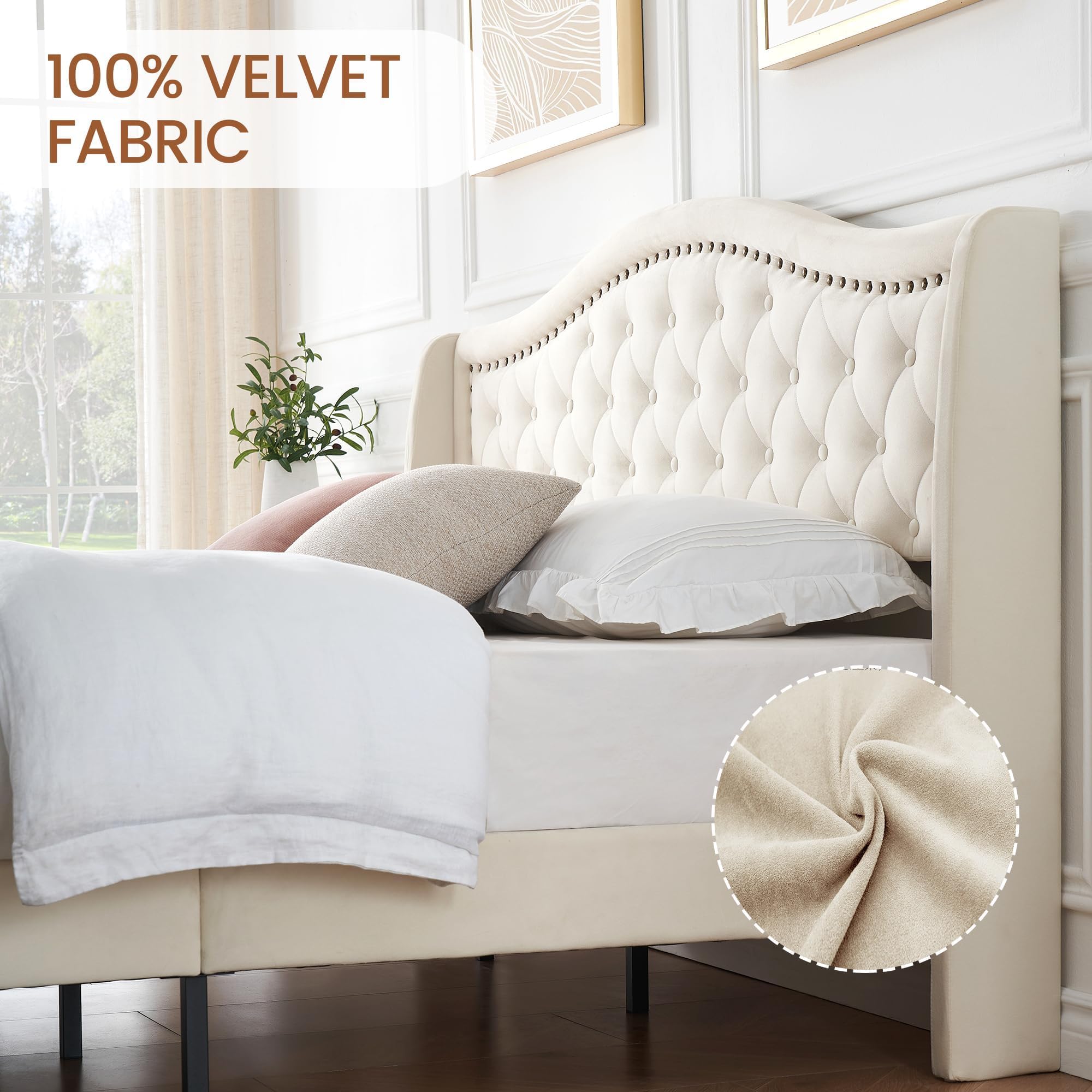 IDEALHOUSE King Size Upholstered Platform Bed Frame with Tall Headboard 47.2", King Bed with Velvet Button Tufted & Nailhead Trim Wingback Headboard, Luxurious Arched Footboard, Beige