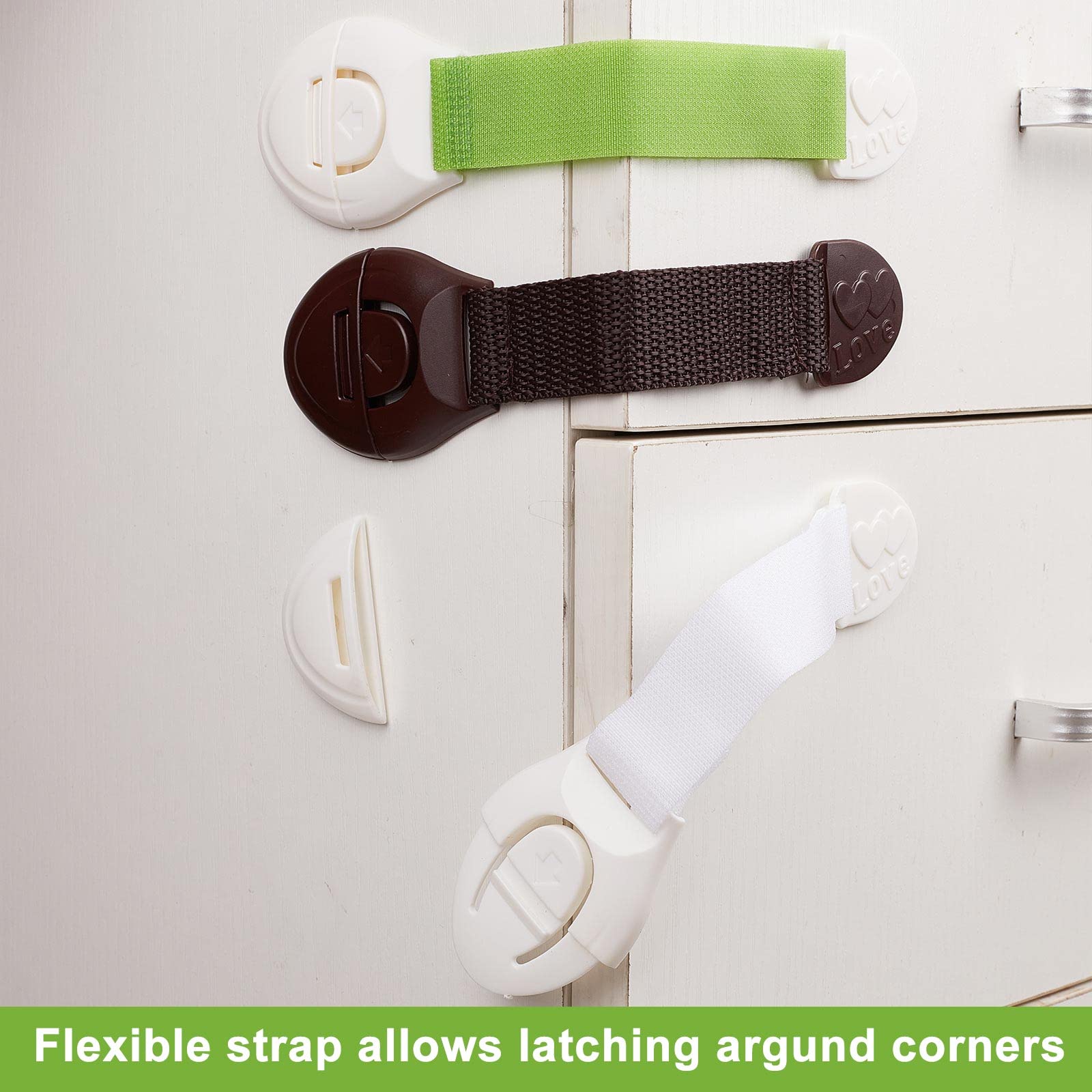 GORGECRAFT 12Pcs 3 Colors Safety Cupboard Locks Adjustable Proofing Cabinet Strap Locks with Adhesive for Cabinets Drawers Dishwasher Toilet Fridge Oven Closet Anti-Trapped Fingers Home Kitchen Tool