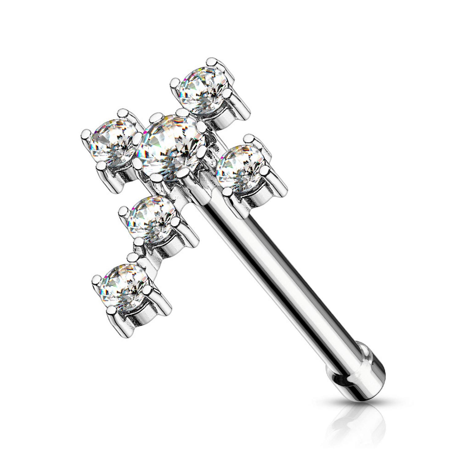 CZ Gemmed Cross Surgical Steel Nose Ring Bone Stud 20 Gauge (Steel/Clear)