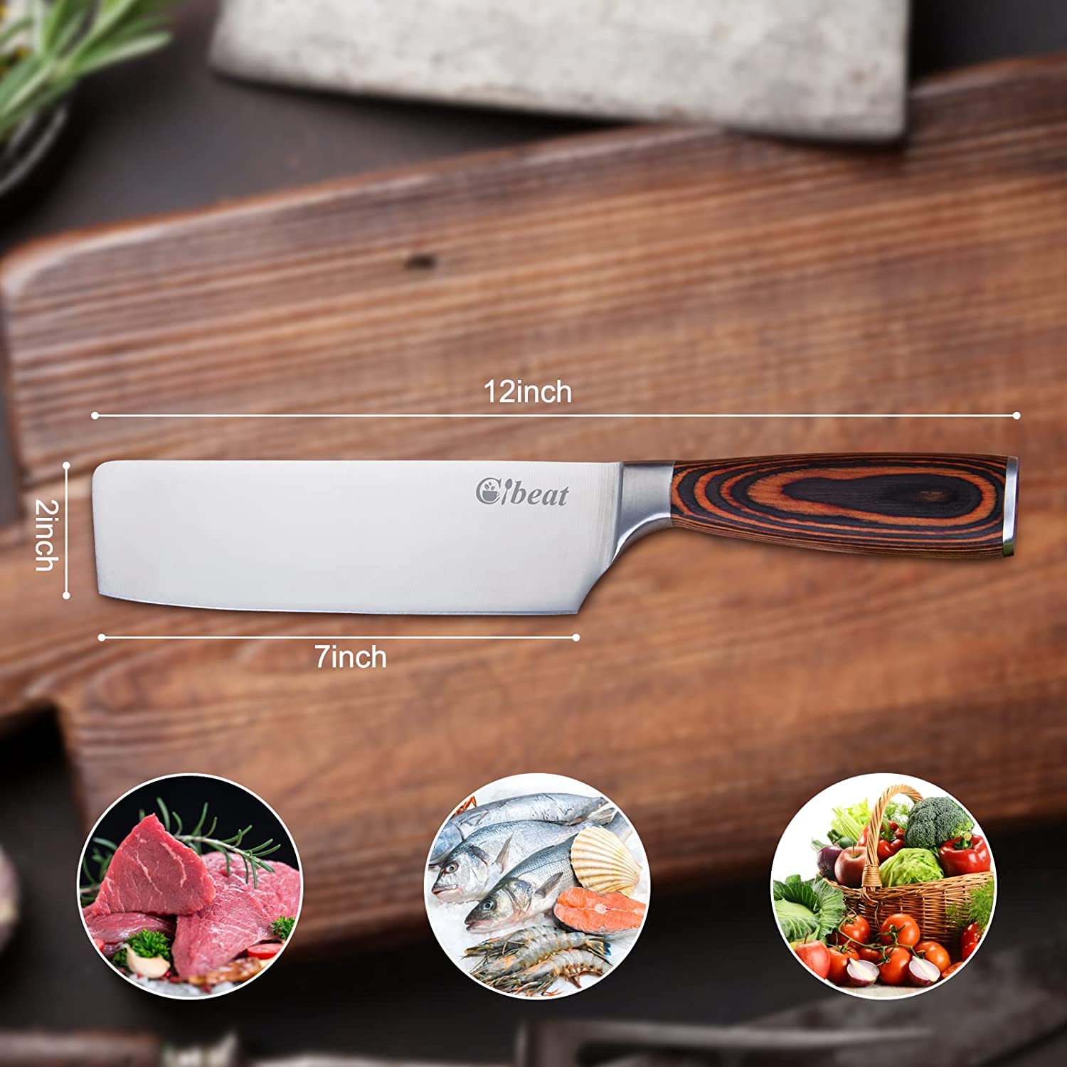GlowSol Japanese Chef Knife, 7 Inch Meat Vegetable Cleaver Knife, Stainless Steel Butcher, Professional Kitchen Knife with Ergonomic Handle for Kitchen Restaurant
