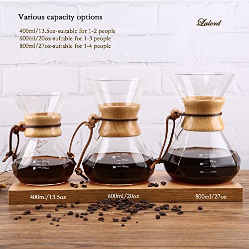 Lalord Pour Over Coffee Maker with Reusable Stainless Steel Filter, 20 oz Borosilicate Glass Coffee Carafe, Wooden Collar, Coffee Dripper Brewer, Hold 3 Cups, 600ml