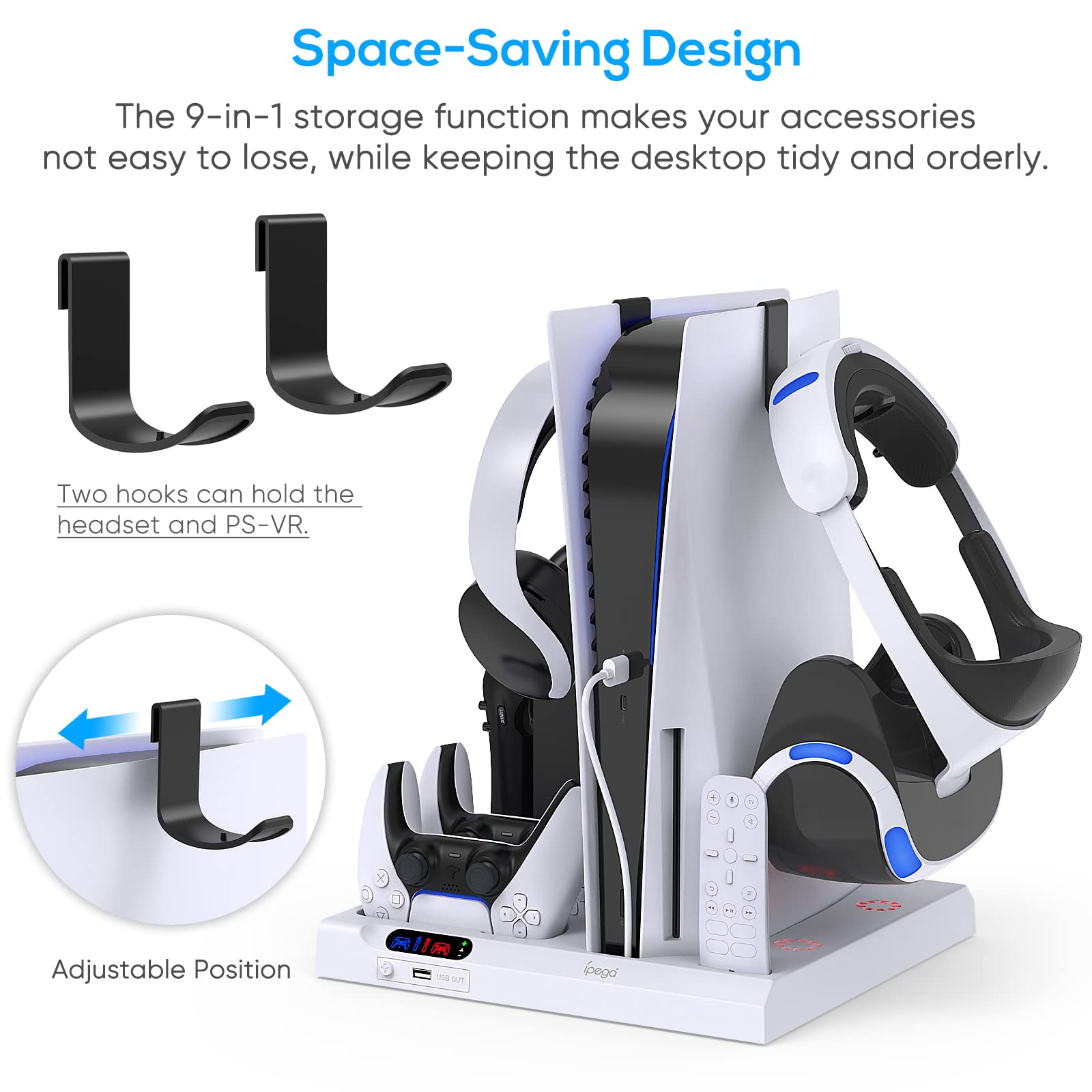 FYOUNG Upgrade Vertical Stand for PS5 with Cooling Fan and Controller Charging Station, Display Charging Stand for PSVR Playstation with Headst Holder, Game Storage Organizer&Remote Control Slot