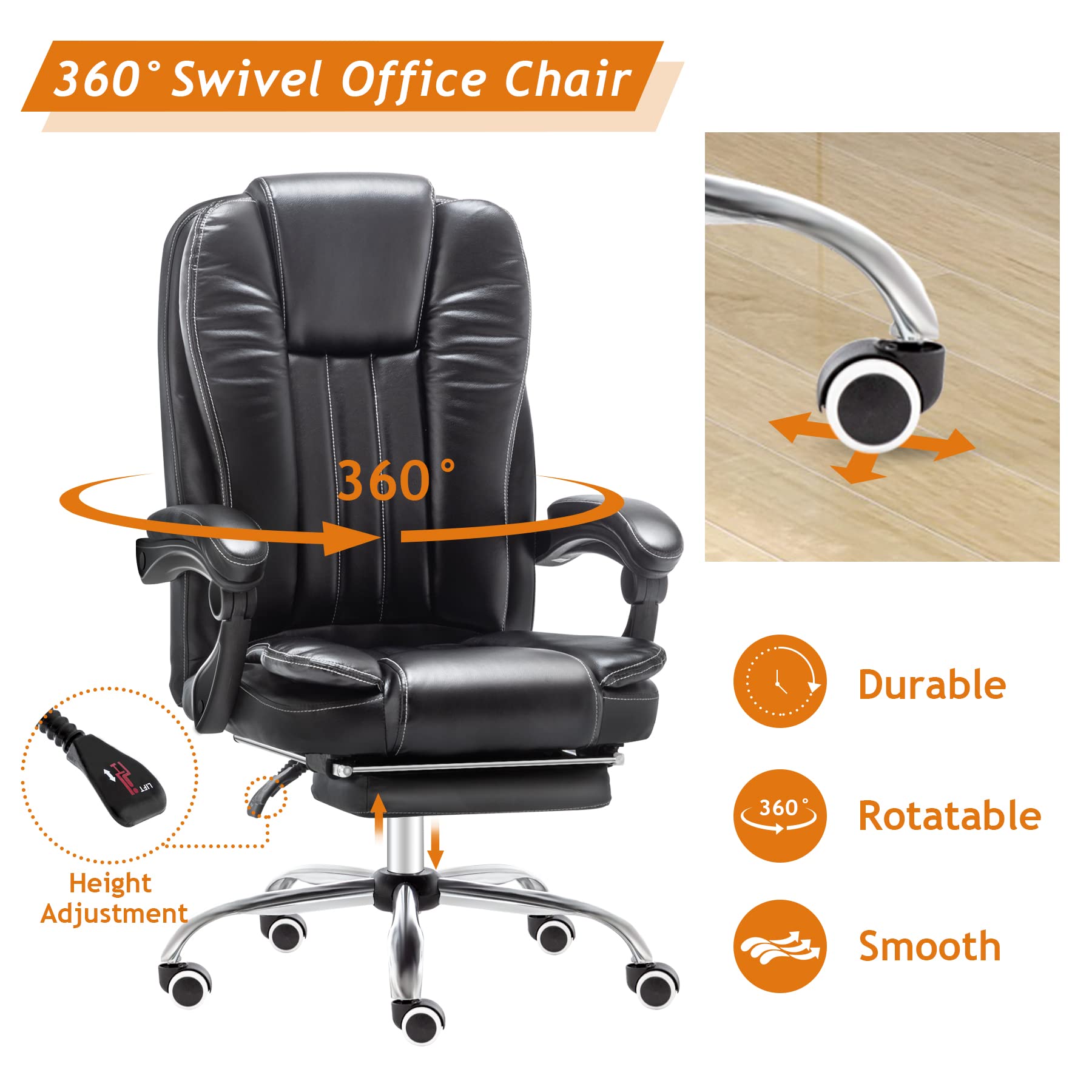 Erinnyees Executive Office Chair, PU Ergonomic Chair with Footrest and Linkage Armrests, 90°-155° Reclining Office Chair, 360° Swivel Computer Desk Chair with Back Support, Black