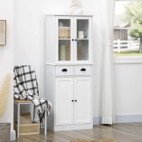 HOMCOM 61" Freestanding Kitchen Pantry, Traditional Style Storage Cabinet with Soft Close Doors, Adjustable Shelves, and 2 Drawers, for Living Room, Dining Room, White