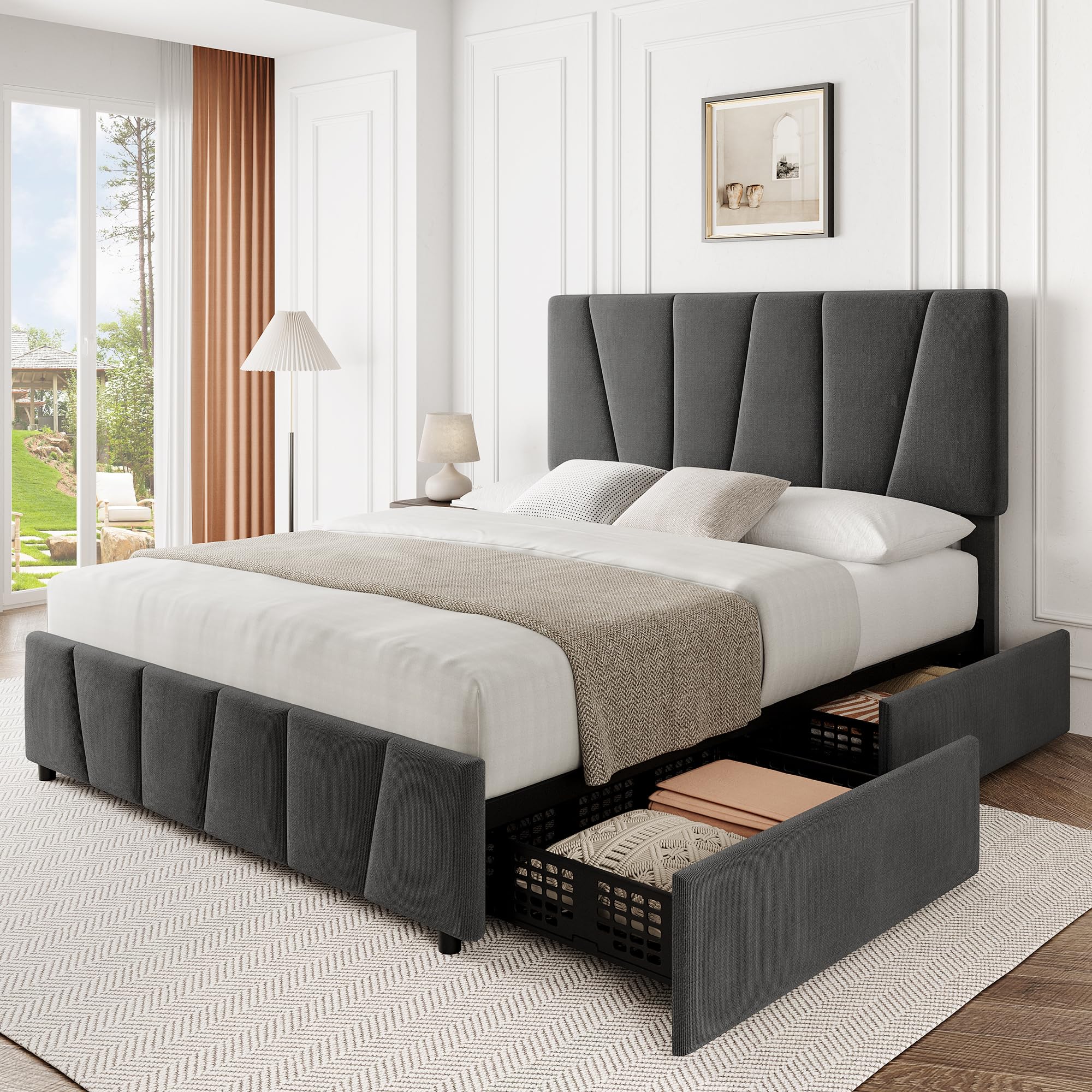 IDEALHOUSE Twin Size Bed Frame with Adjustable Headboard and 2 Storage Drawers, Upholstered Platform Bed Frame with Wooden Slats Support, No Box Spring Needed, Dark Grey