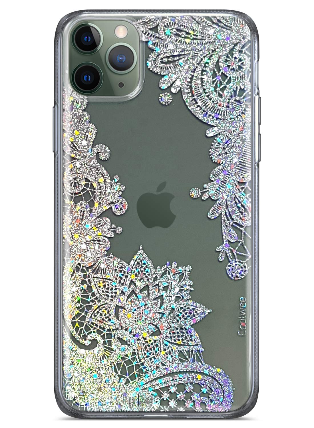 Coolwee Clear Glitter for iPhone 11 Pro Max Case Thin Flower Slim Cute Crystal Lace Bling Women Girl Floral Plastic Hard Back Soft TPU Bumper Protective Cover for iPhone 11 Pro Max Mandala Henna