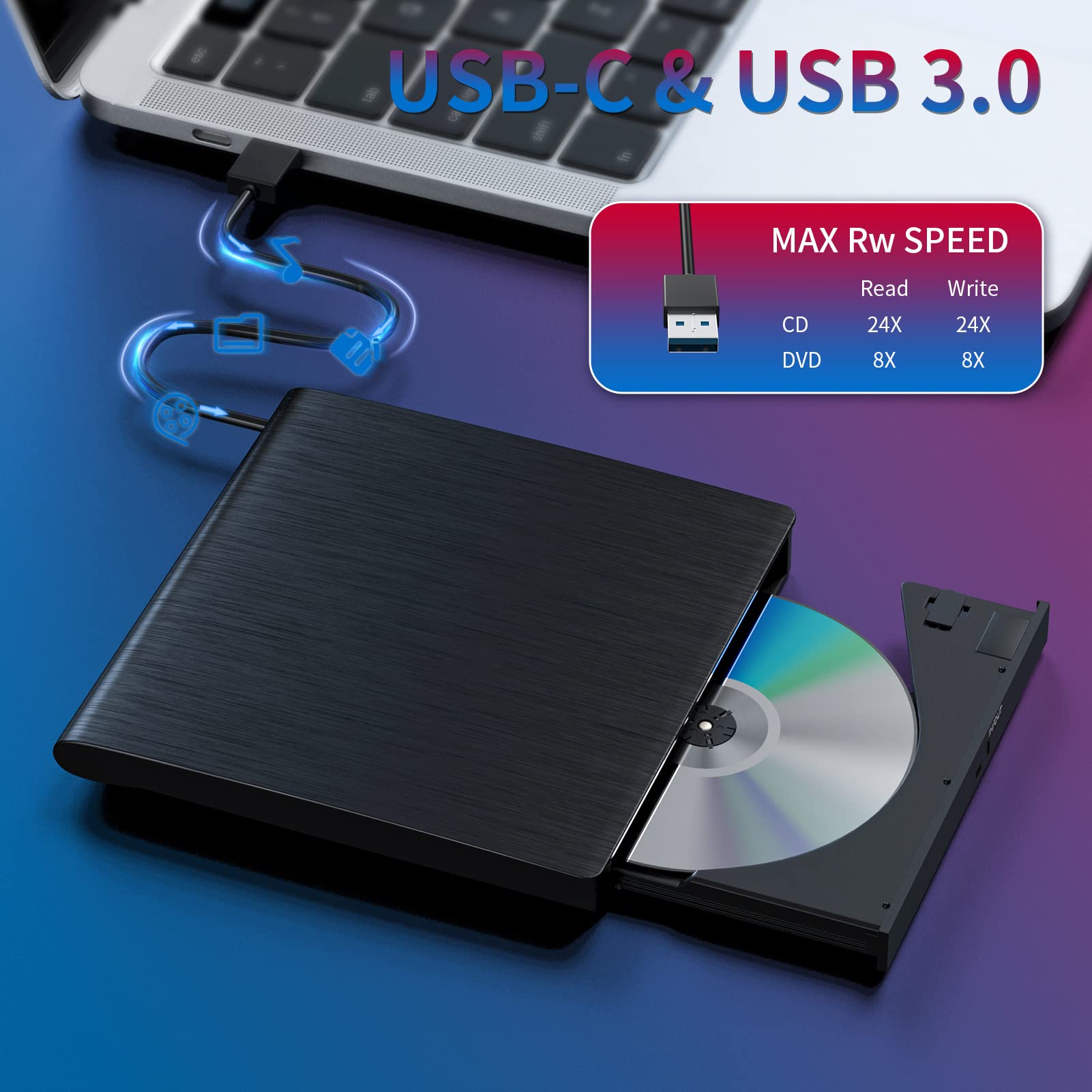 External CD/DVD Drive for Laptop, USB 3.0 CD Burner Portable CD/DVD Optical Drive Player Reader Writer, Compatible with Laptop Desktop PC MacBook Mac Windows Linux OS (Black)