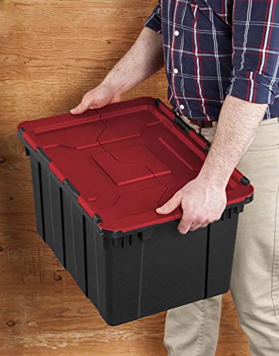Sterilite 12 Gal Hinged Lid Industrial Tote, Stackable Storage Bin with Hinge Lid, Plastic Container to Organize Basement, Black with Red Lid, 1-Pack