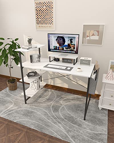 Innerjoin 47 inch Computer Desk with Shelves, Home Office Desk with Monitor Stand, 4 Tier Shelves, Storage Bag, Metal Frames, White