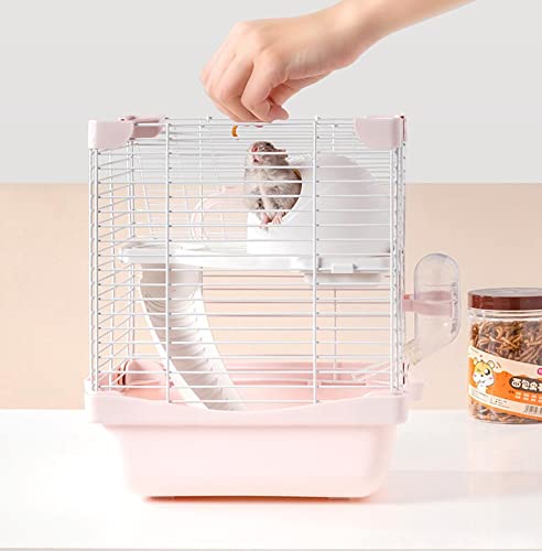 Misyue Dwarf Hamster Travel Portable Carrier Cage 2-Floors Syrian Hamster Home House Rodent Habitat Cage for Dwarf Hamster,Ferrets, Gerbil(Light Pink)