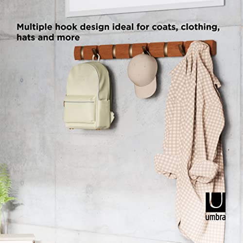 Umbra Flip Wall-Mounted Coat Rack Rail Hook for Hats, Jackets, Bags and More β Modern, Space-Saving Storage Organizer for Entryway, Mudroom, Closet, Bathroom, Bedroom, Kids Room, or Nursery, 8 Hooks, Light Walnut/Gold