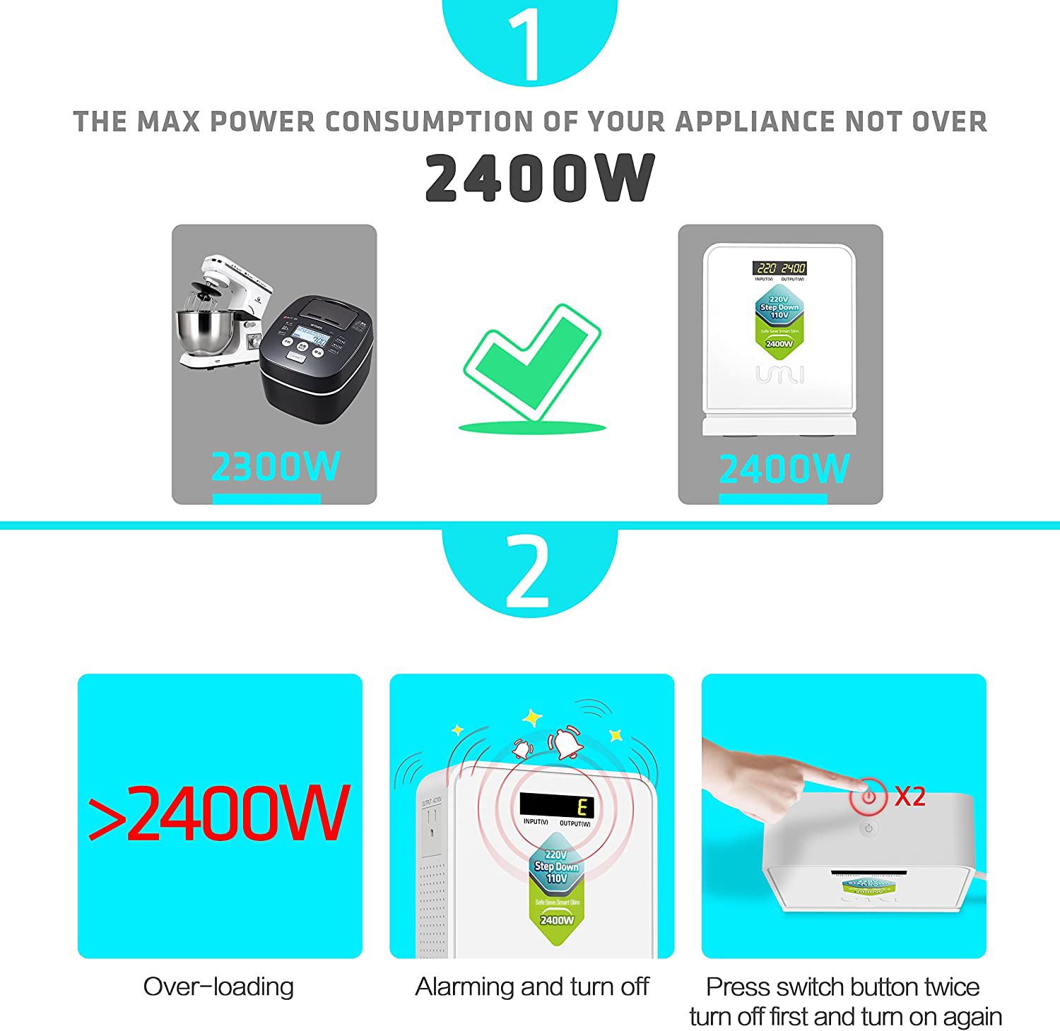 UMI 2000W 2400W Step Down Voltage 220v to 110v Converter, Heavy Duty Power Converter 220V to 110V, Good Transformer for Overseas, Step Down Converter 220V to 110V - US to Europe Voltage Converter