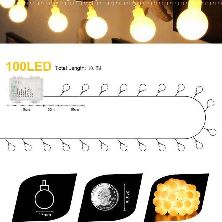 Liyade Globe String Lights, 33ft 100 LED Battery Operated String Lights with Remote and Timer Function, Indoor Outdoor Decorative Lights for Bedroom Christmas Decor Garden Party Wedding, Warm White
