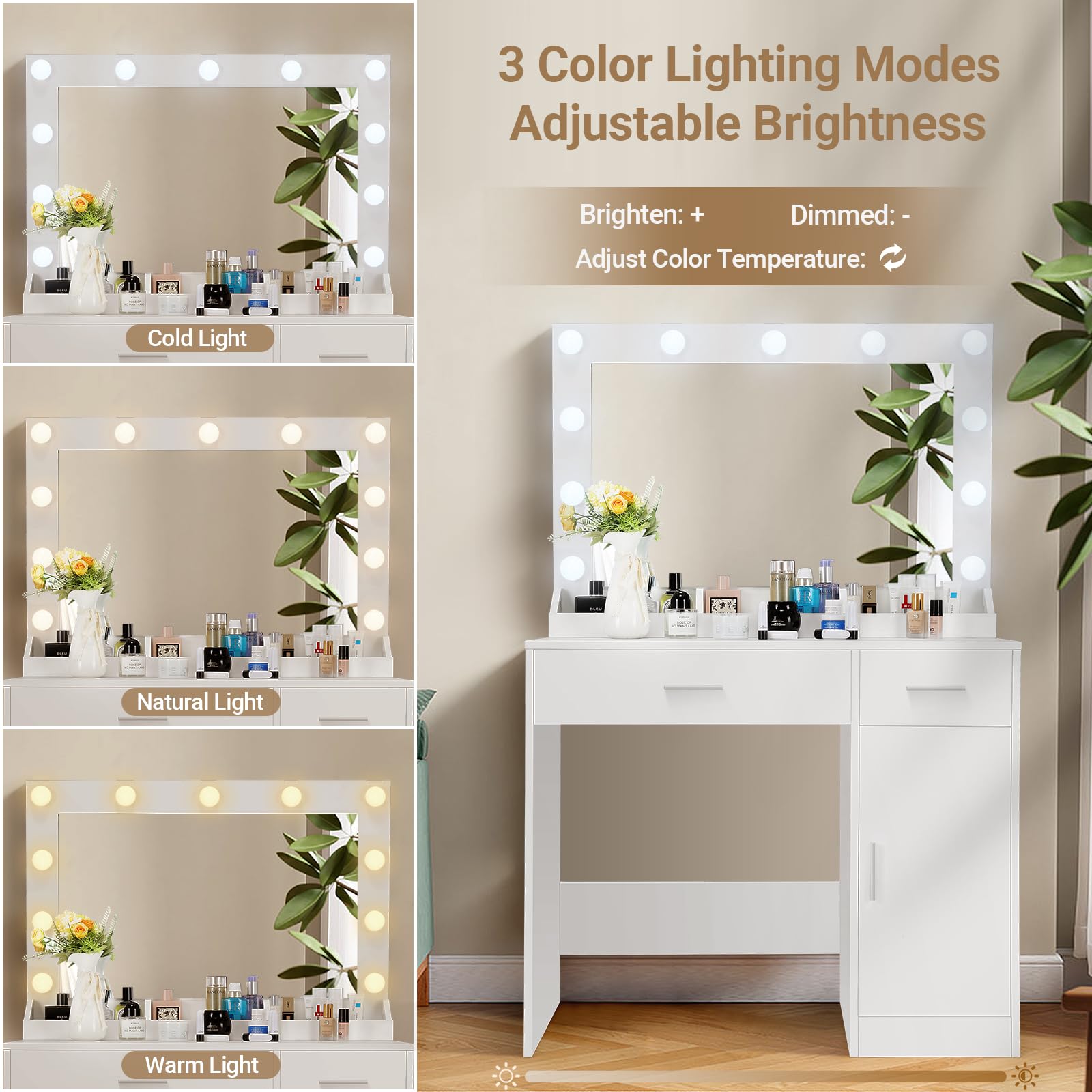 Likein Vanity Desk with Mirror and Lights, Makeup Vanity Desk with Lights, Modern Dressing Table with Charging Station 2 Drawers & Cabinet for Girls Women