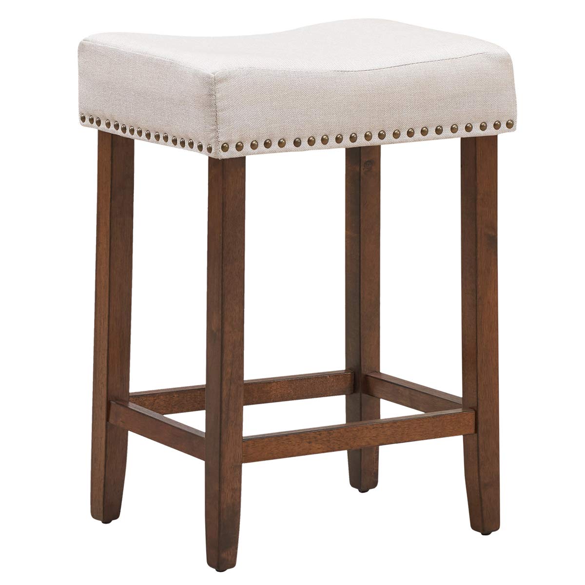 COSTWAY Saddle Stools Set of 2, 29-inch Counter Height Backless Stools with Brass Nailhead Trim, Solid Wood Legs, Foot Rest, Max Load 264 Lbs, Upholstered Bar Chair for Kitchen Island Pub, Grey